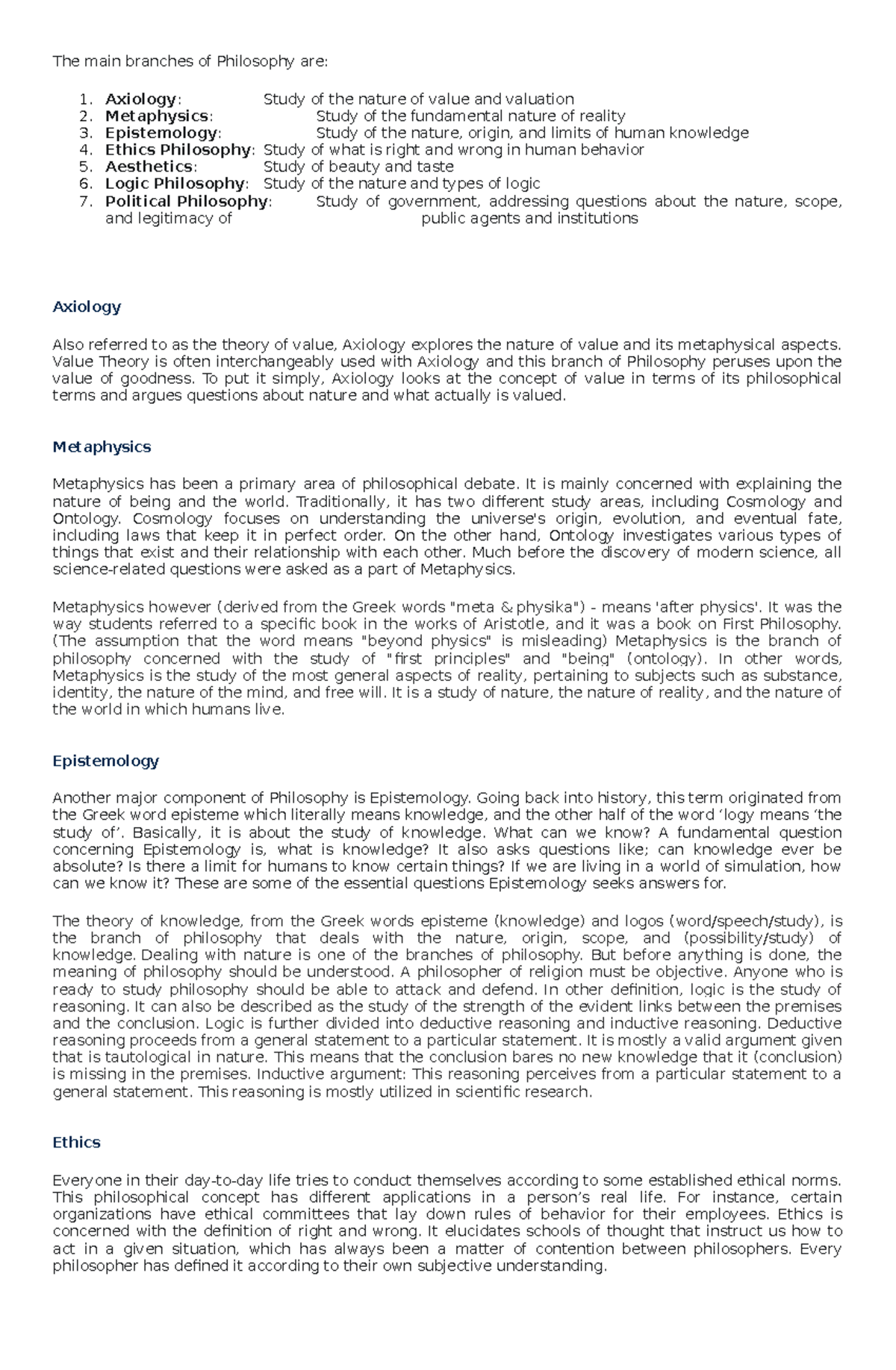 Main Branches of Philosophy: A Comprehensive Overview - Studocu