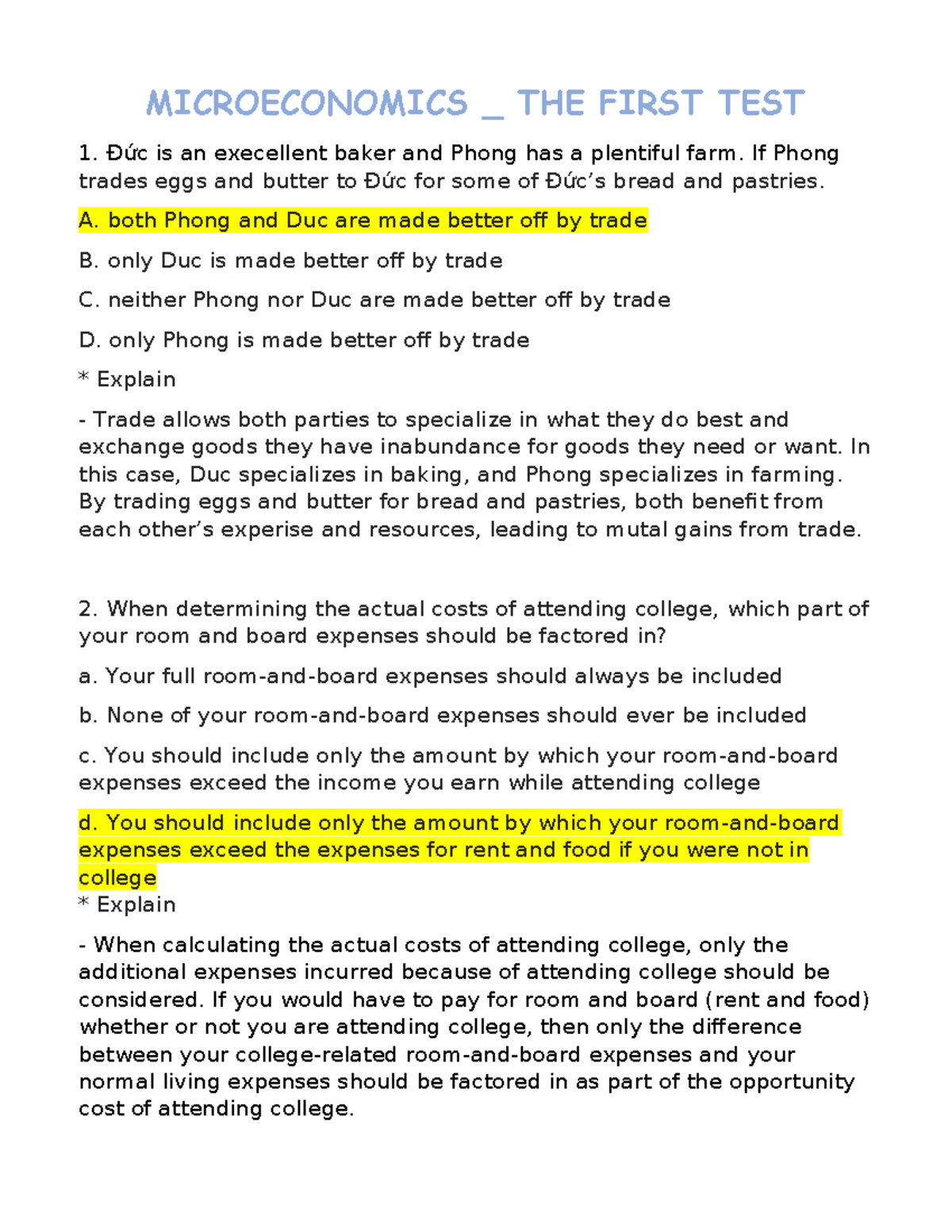 MICROECONOMICS - TEST 1: Trade, Costs, and Decision Making Insights ...