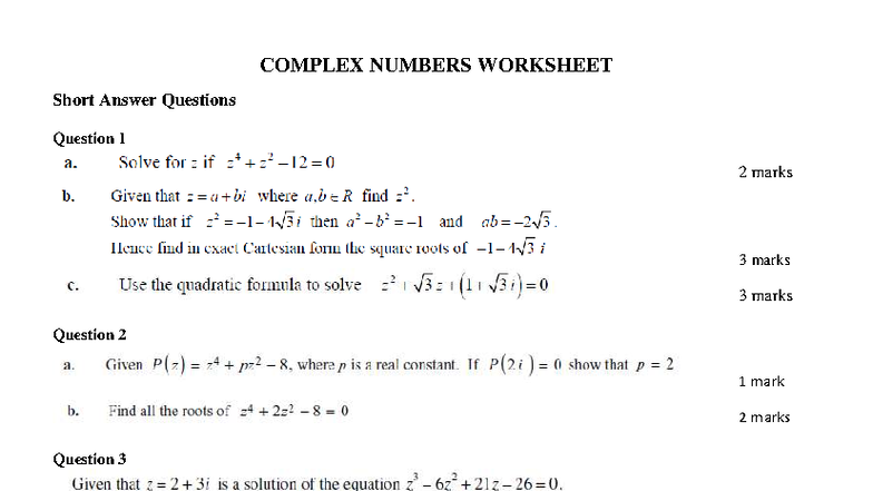 Complex Numbers Worksheet: Short Answer & MC Questions - Studocu