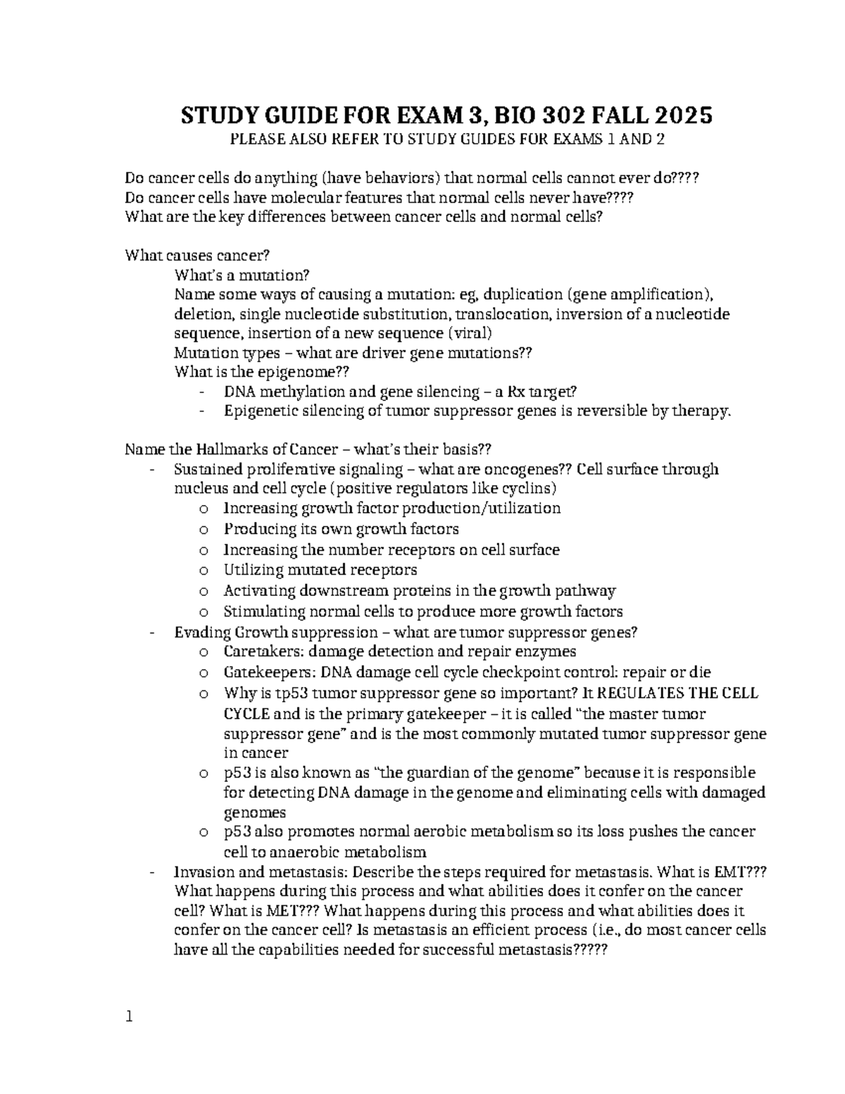 Study Guide for Exam 3 - BIO 302 Fall 2025: Cancer Biology Insights ...