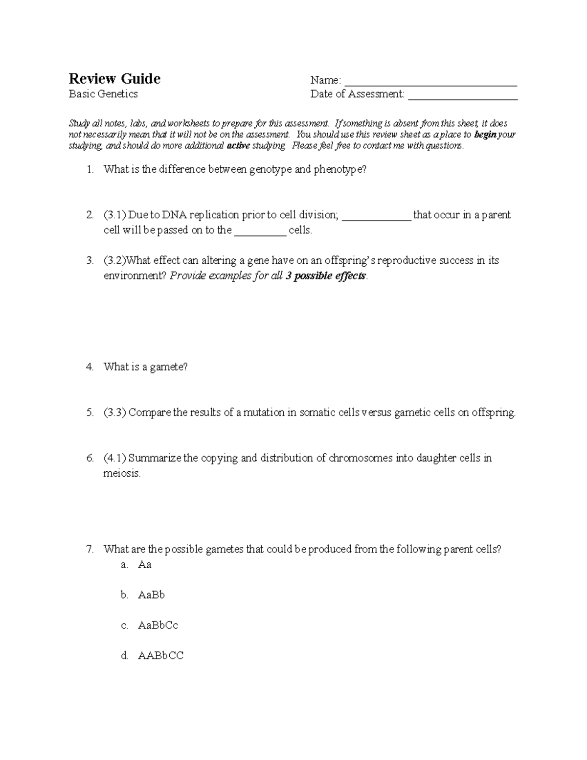 Basic+Genetics+Review+Guide - Review Guide Name ...