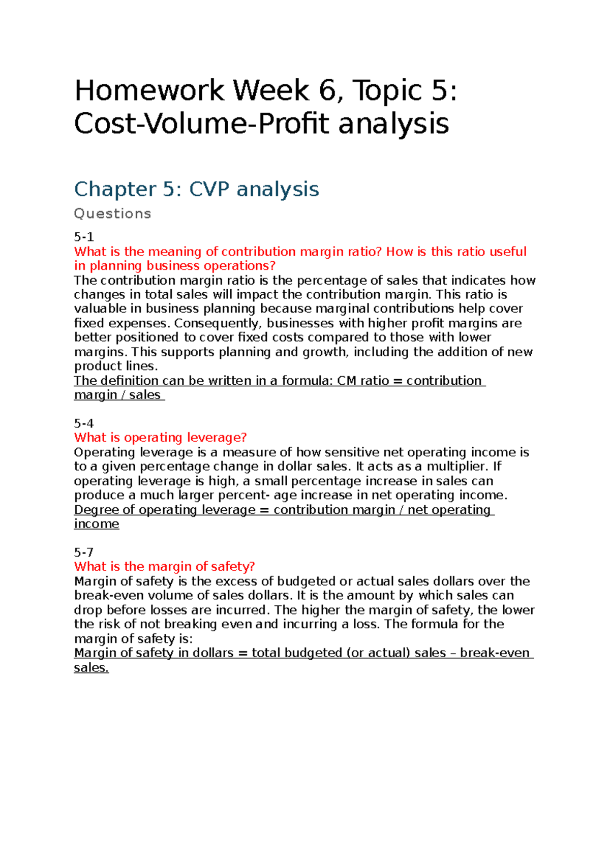 Homework Week 6: CVP Analysis & Contribution Margin Insights - Studocu