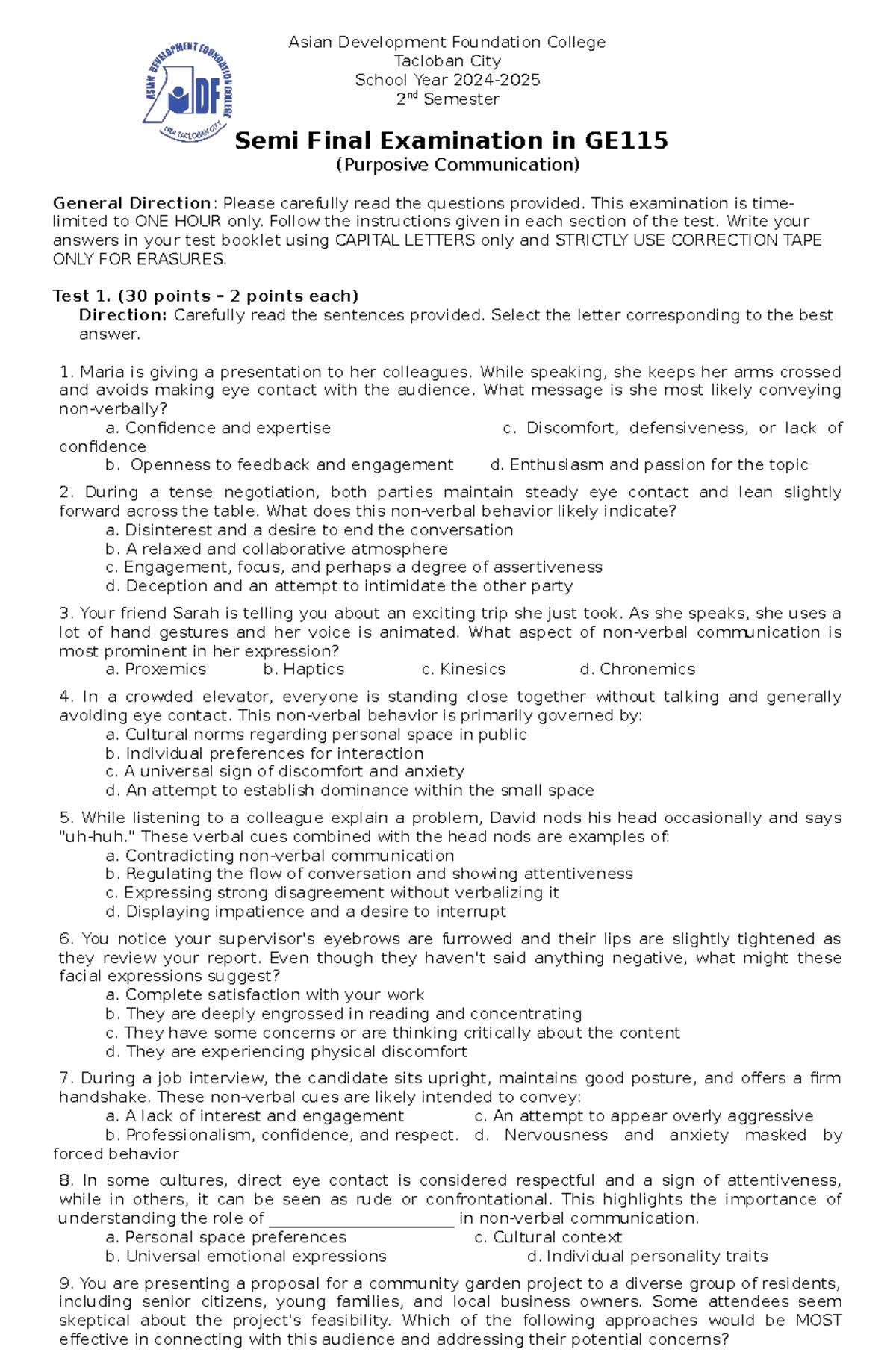 GE115 - Semi-Final Exam in Purposive Communication: Key Concepts ...