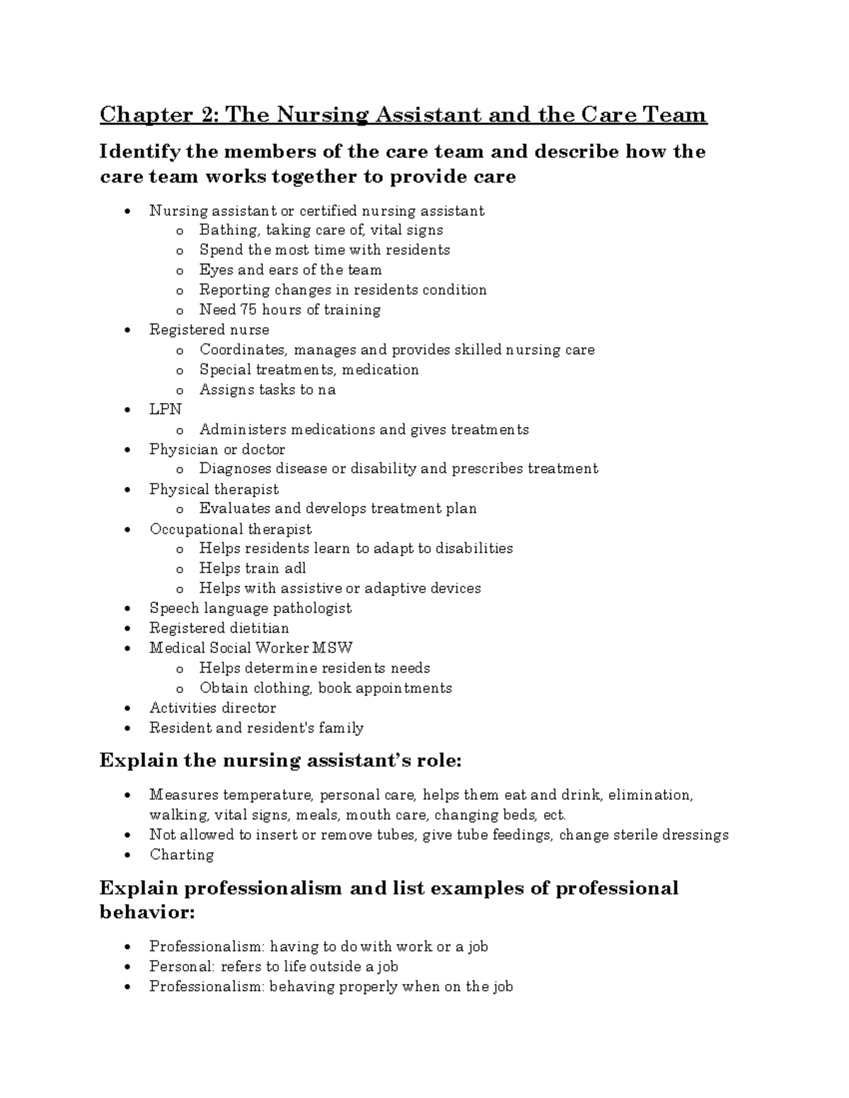 Ch 2 textbook notes [cna]-2 - Chapter 2: The Nursing Assistant and the ...