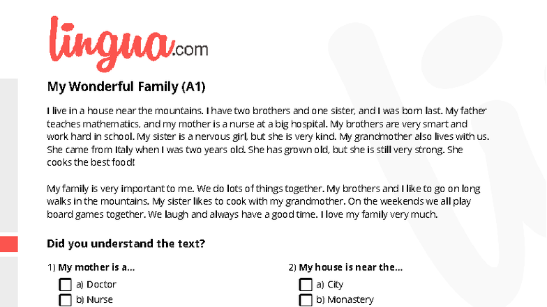 My Wonderful Family (A1) - Reading Comprehension Questions - Studocu