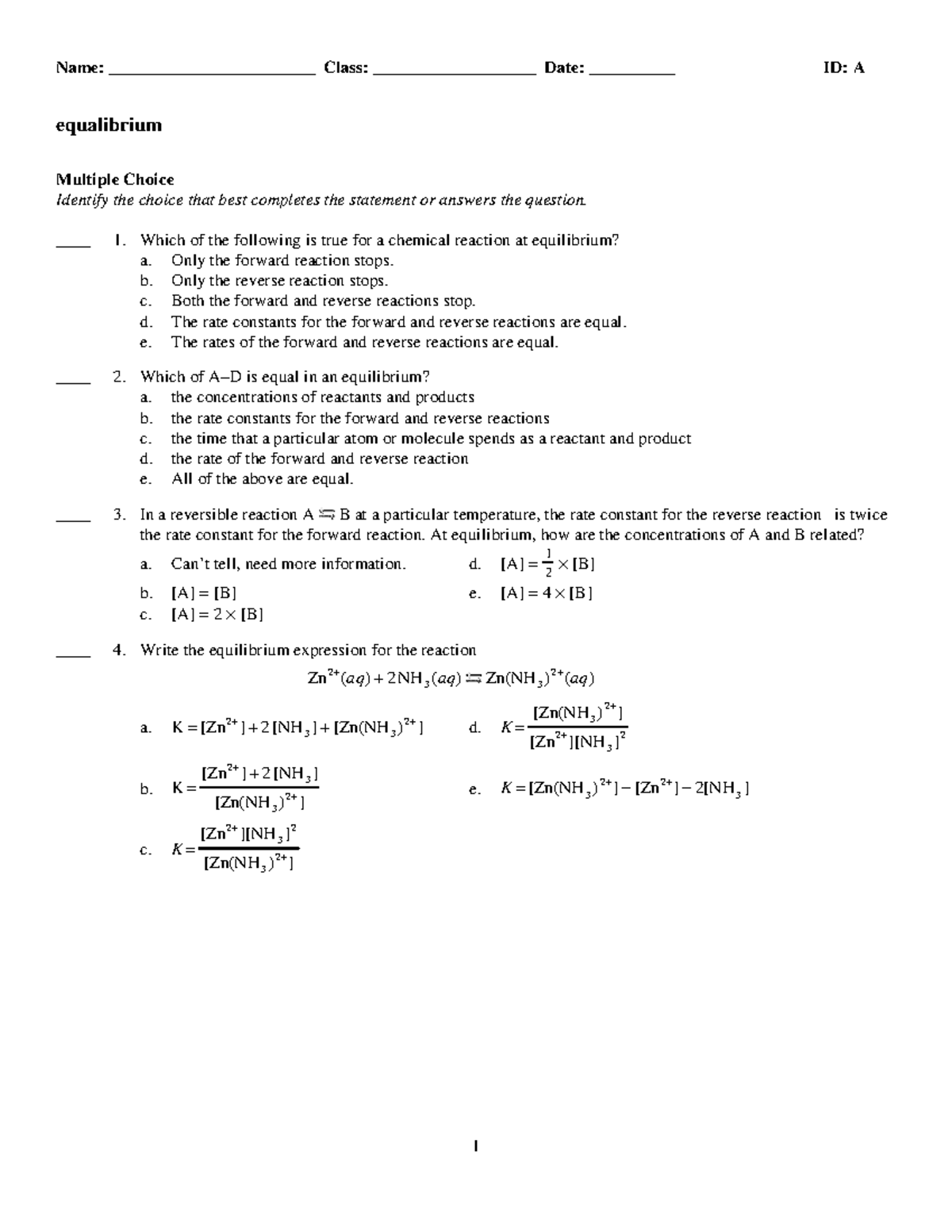 Chemistry 101: Equilibrium Practice Quiz - Studocu
