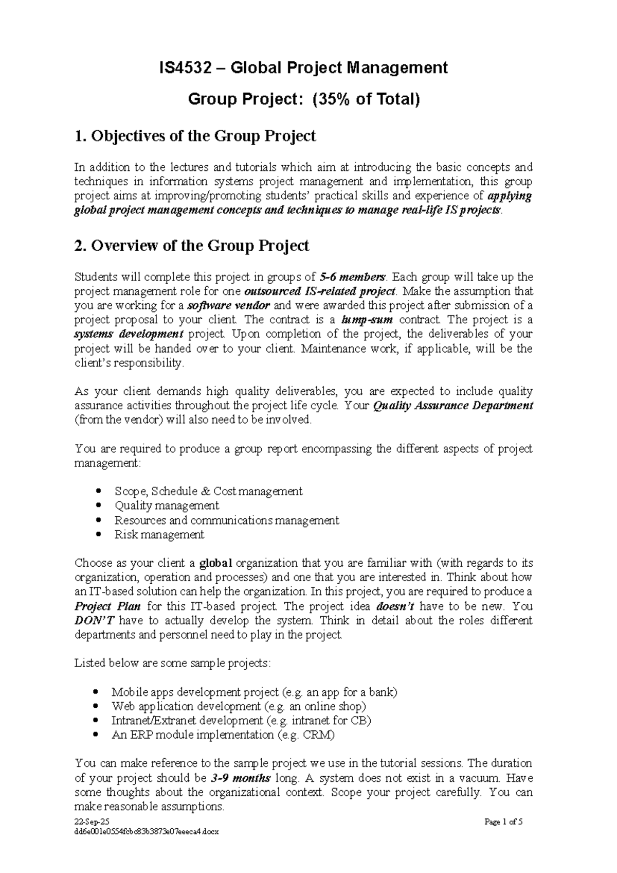 IS4532 Global Project Management Group Project Overview and Guidelines ...