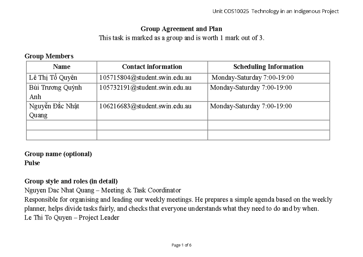COS10025 Group Agreement & Plan for Indigenous Tech Project - Studocu