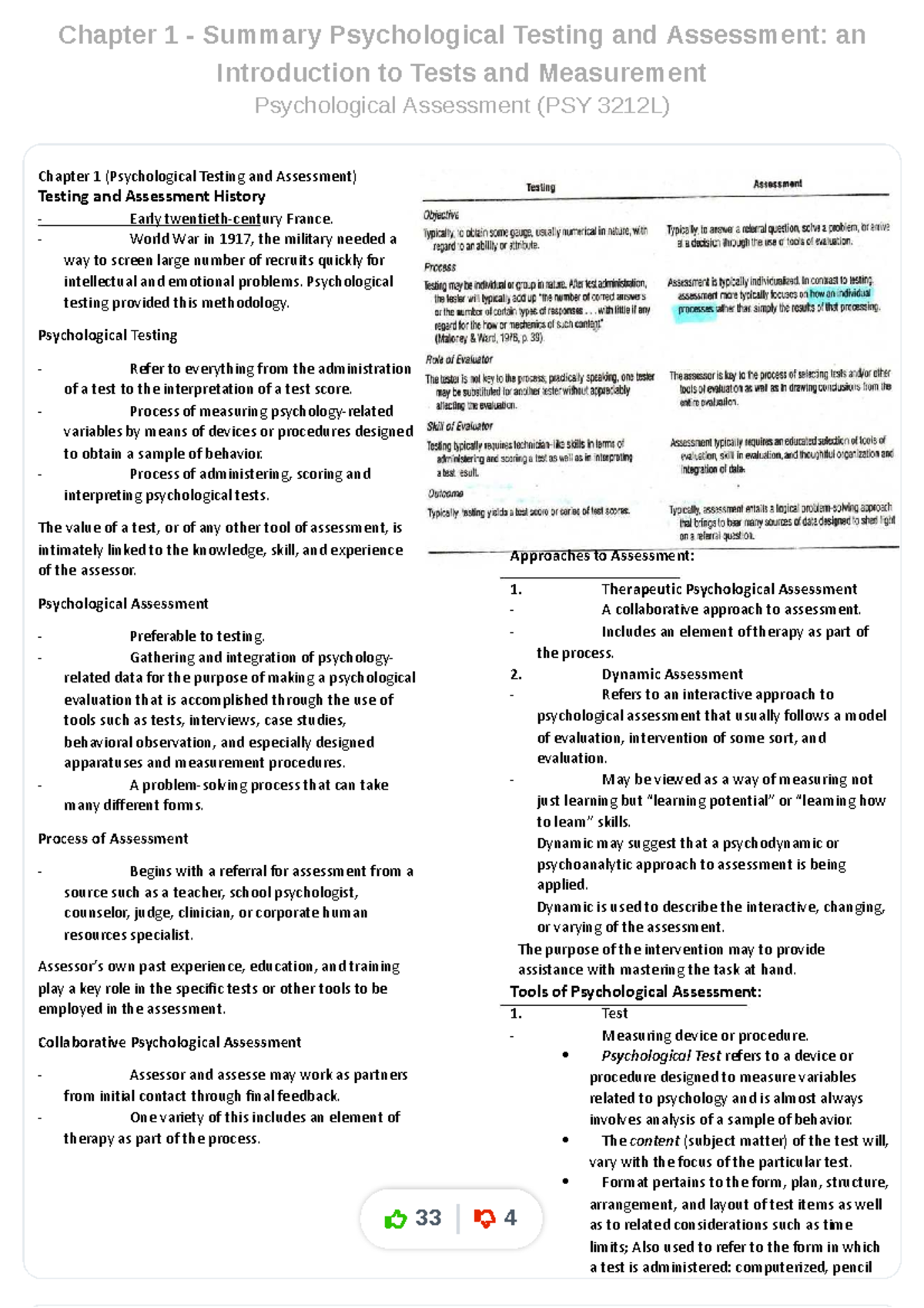 Chapter 1 Summary: Psychological Testing & Assessment (PSY 3212L) - Studocu