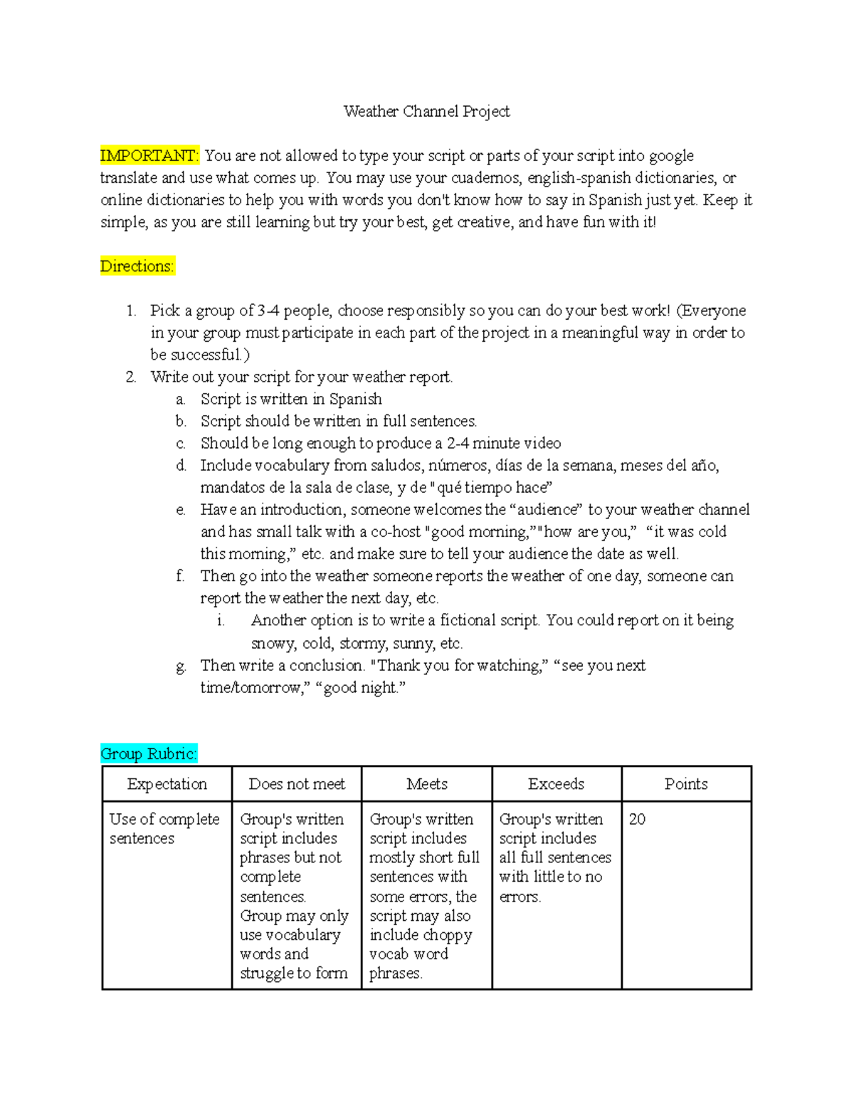 Spanish Weather Channel Project Guidelines for Class - Studocu