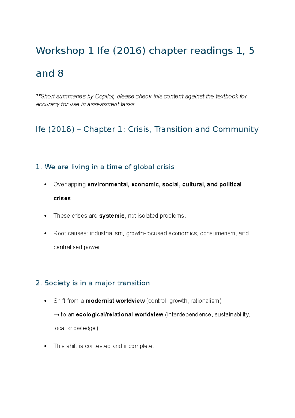 Workshop 1 Summary of Ife (2016) - WELF2002 Community Work ...