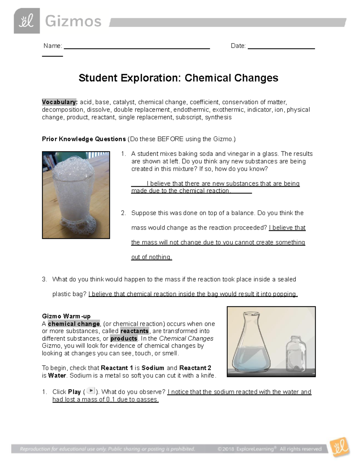 Student Exploration: Chemical Changes SE (Gizmo) - Activity Guide - Studocu