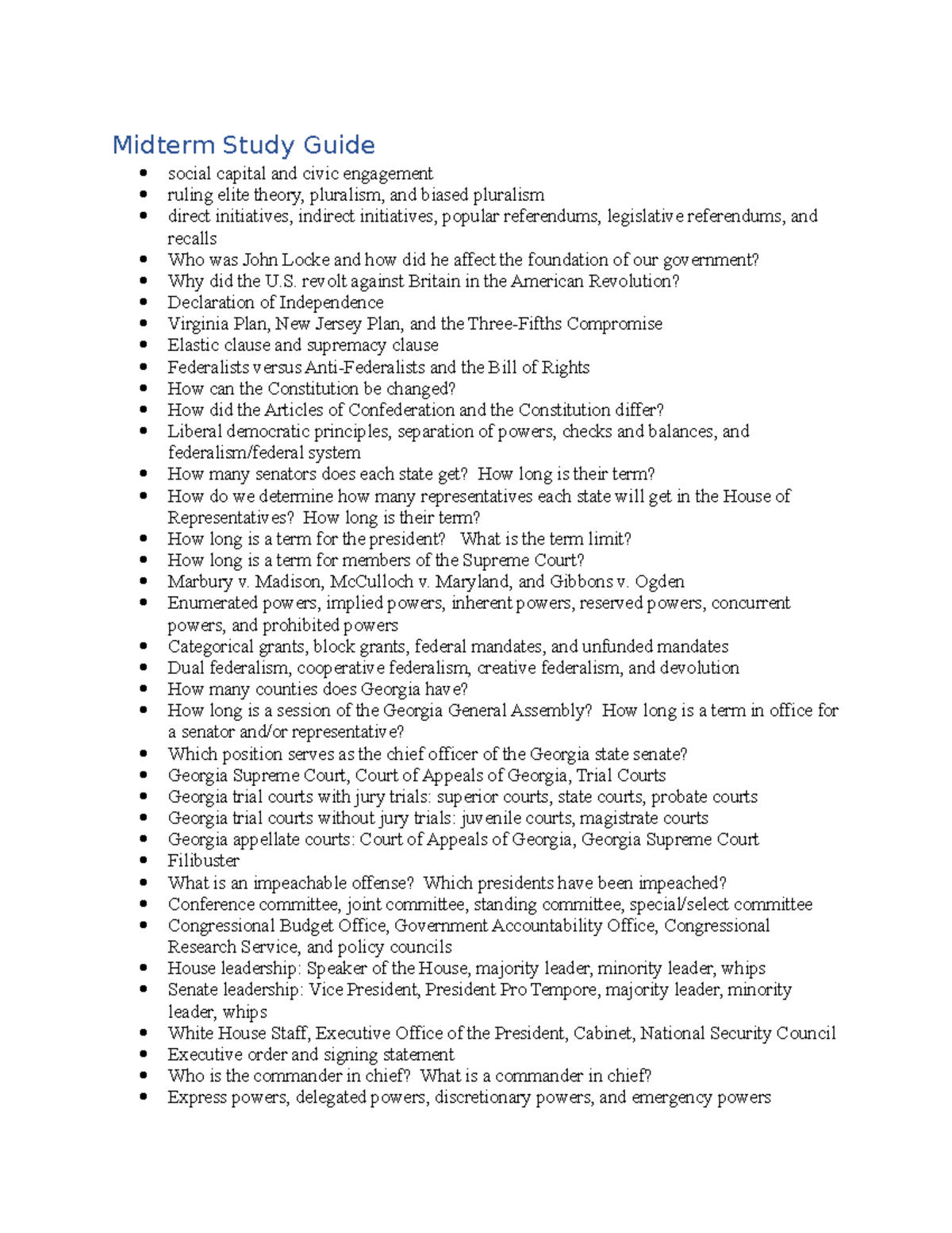 American Government Midterm Study Guide - Midterm Study Guide social ...