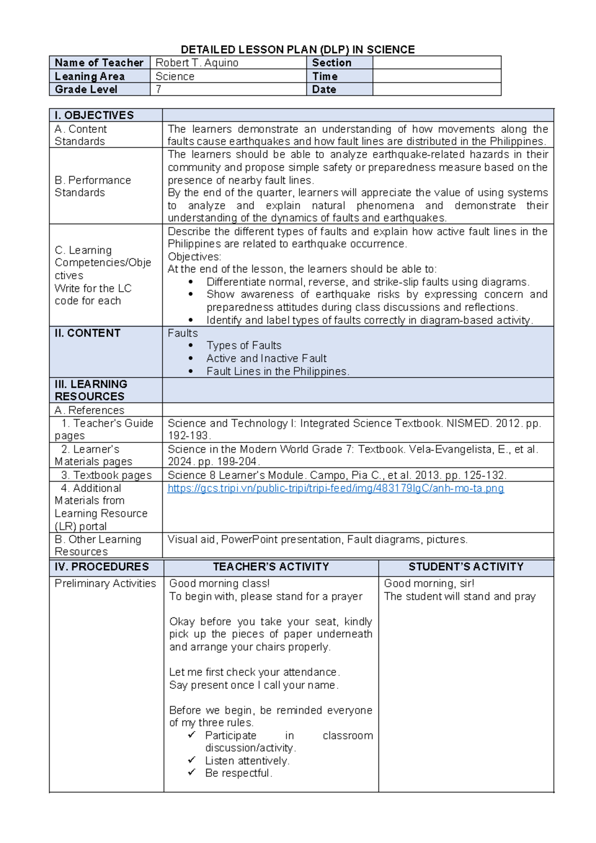 Detailed Lesson Plan (DLP) in Science: Understanding Faults and ...