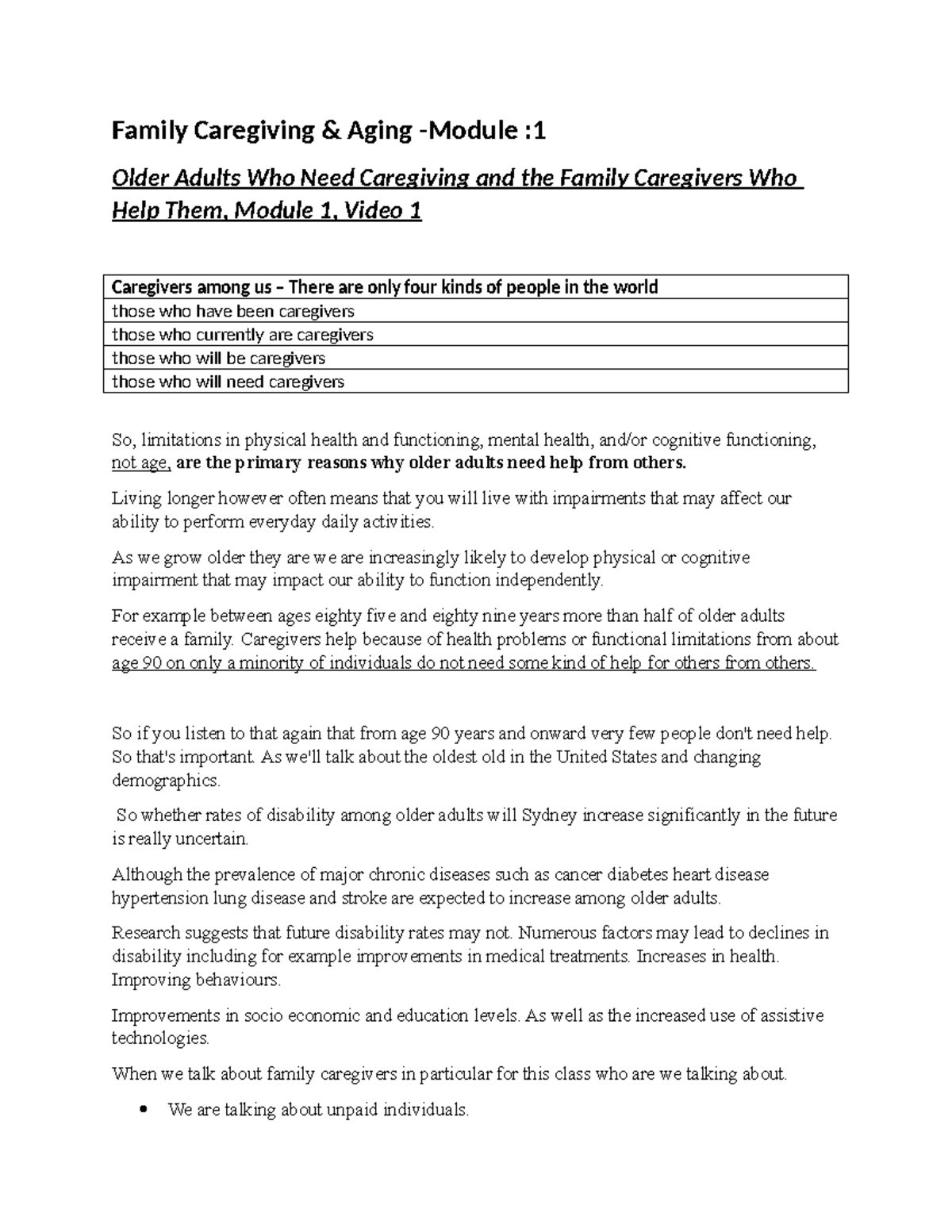 Family caregiving module 1: Understanding older adults and their ...