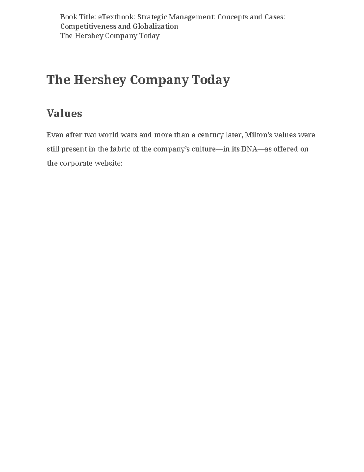 Values - case study - BADM 4801 - Book Title: eTextbook: Strategic Management: Concepts and ...