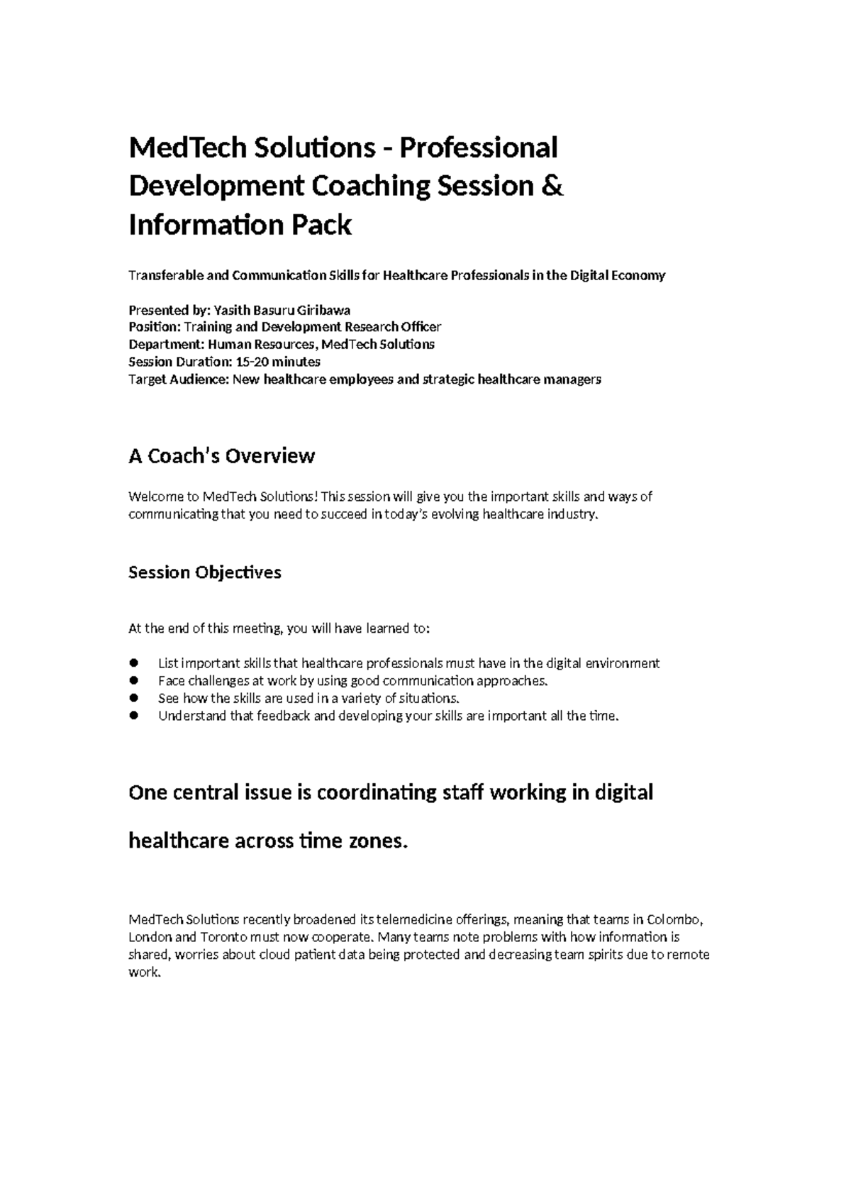 MedTech Solutions - Professional Development Coaching Session Overview ...