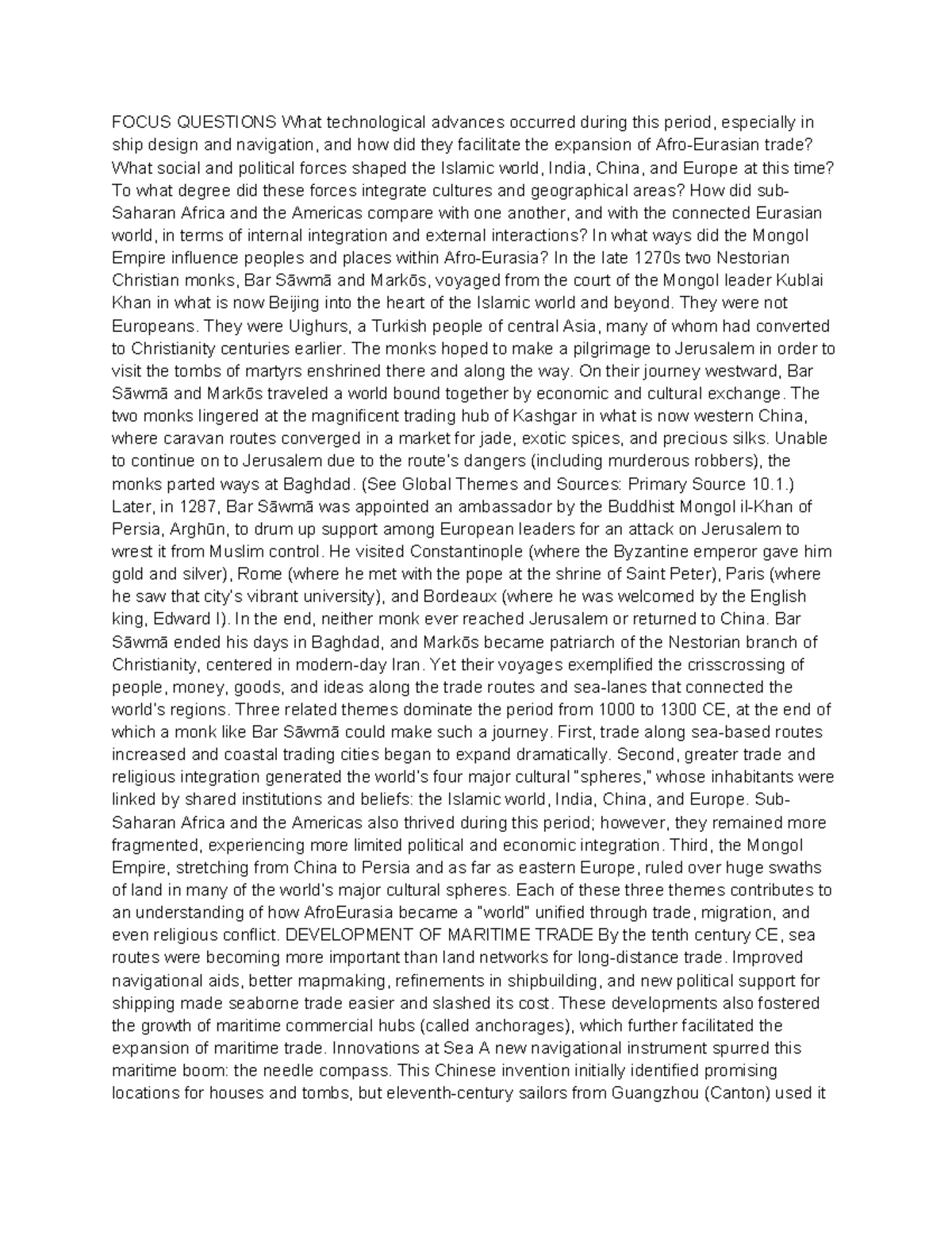 "Analysis of World Travelers: Bar Sāwmā, Marco Polo, Ibn Battuta ...