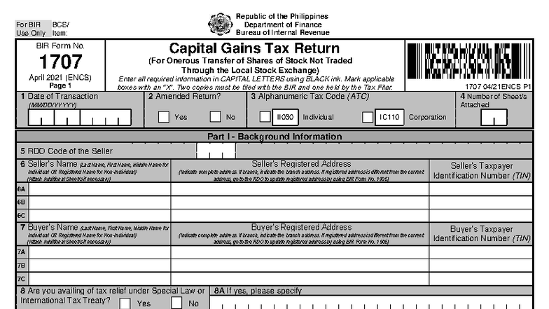 BIR Form No. 1707: Capital Gains Tax Return (April 2021) - Studocu