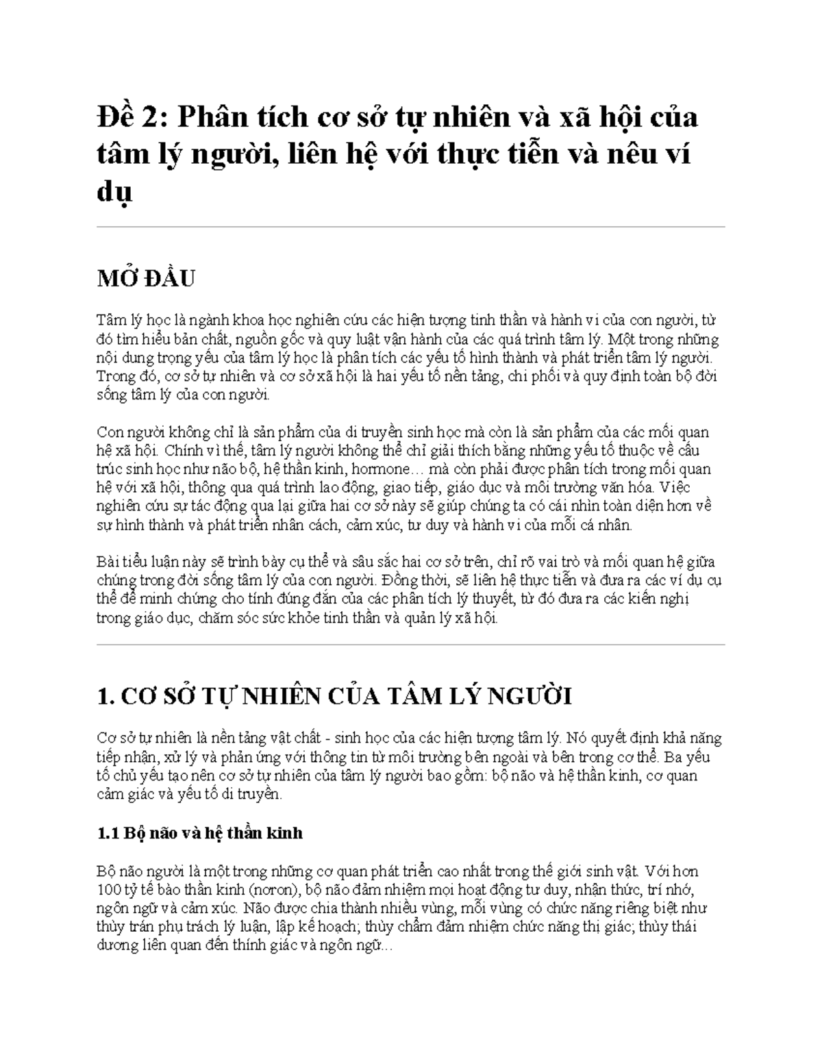 Phân Tích Cơ Sở Tự Nhiên và Xã Hội của Tâm Lý Người - Đề 2 - Studocu
