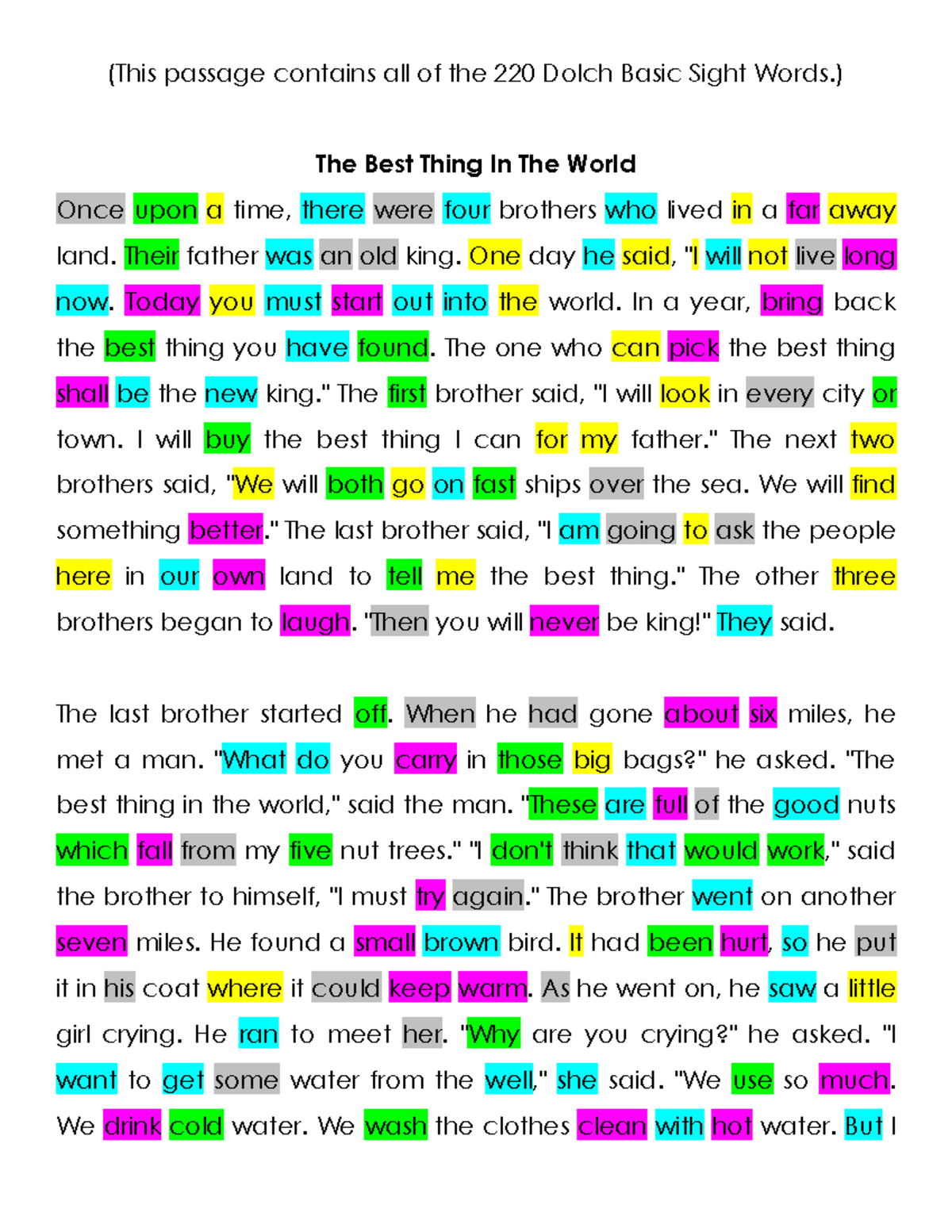 The Best Thing in the World: A Dolch Sight Words Story - Studocu