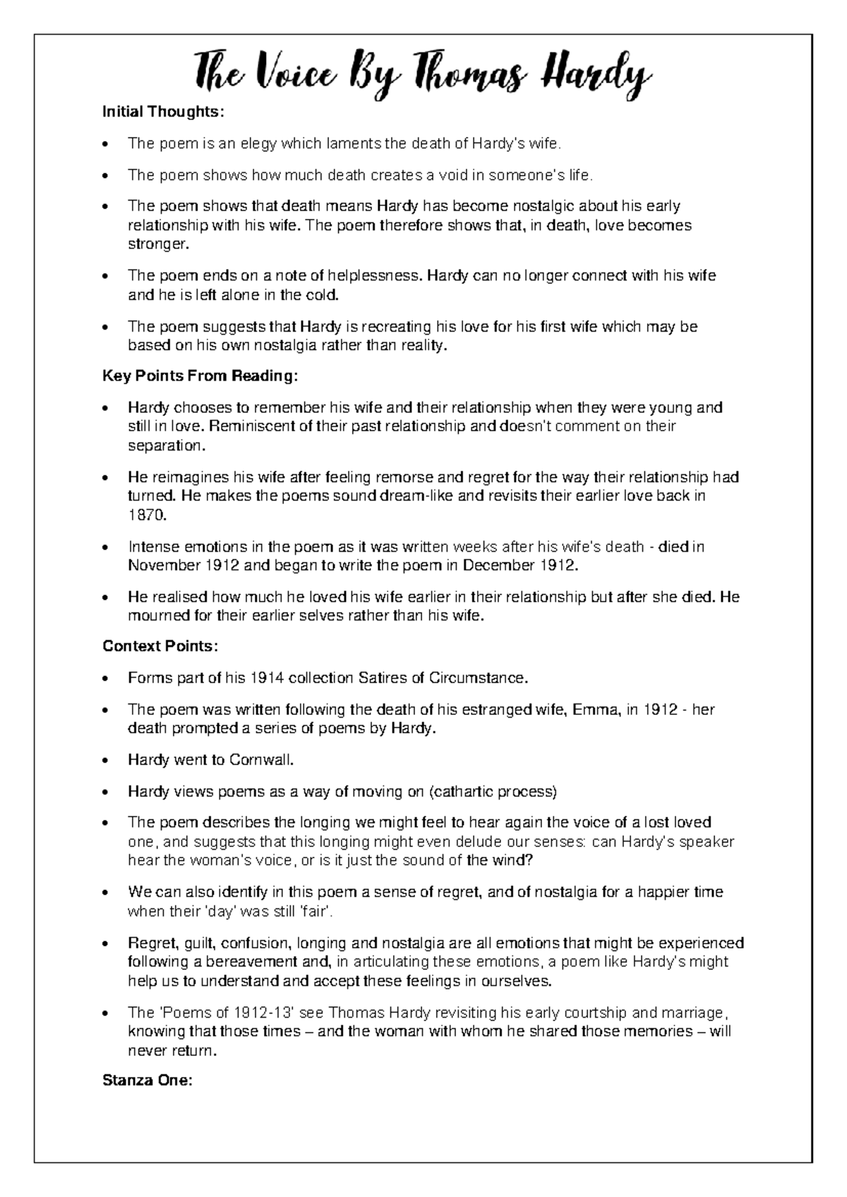 The Voice Poem Summary - Initial Thoughts: The poem is an elegy which ...