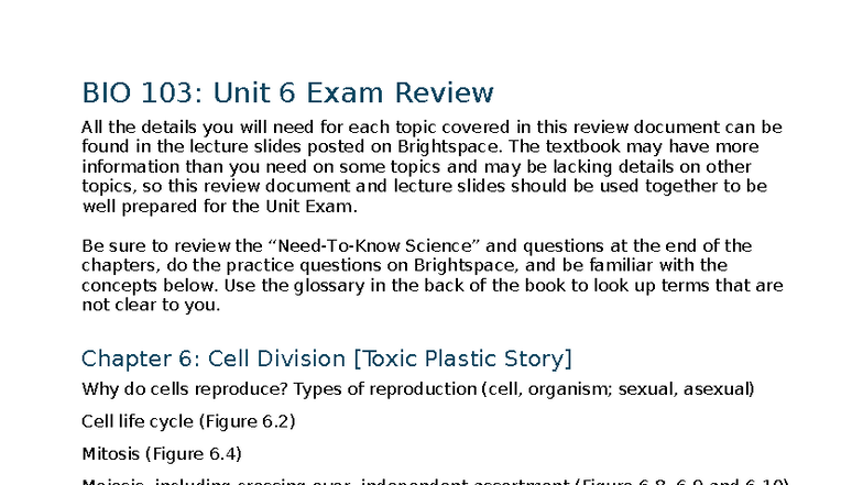 BIO 103: Unit 6 Exam Review & Genetics Overview Guide - Studocu