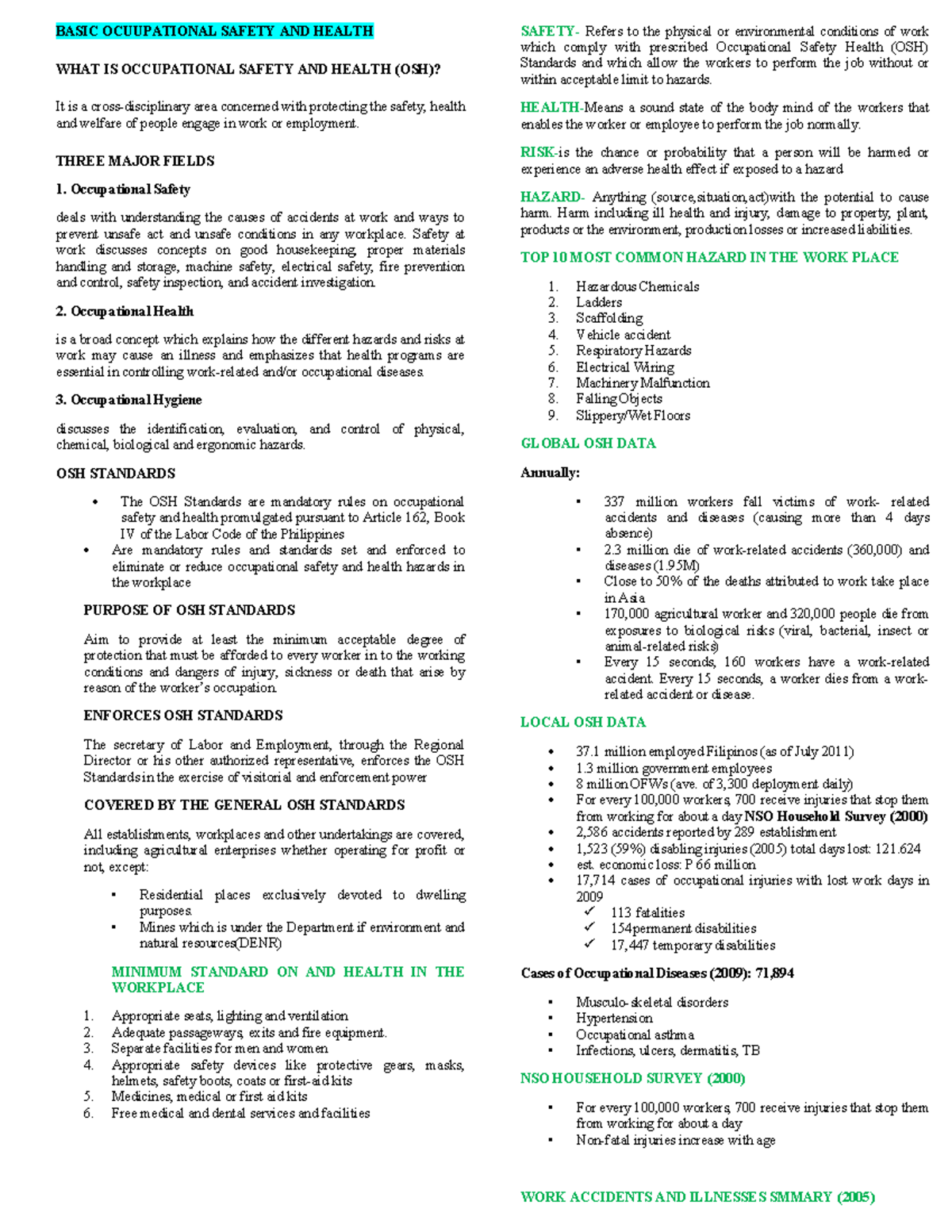 Basic Occupational Safety and Health (OSH) Overview and Standards - Studocu