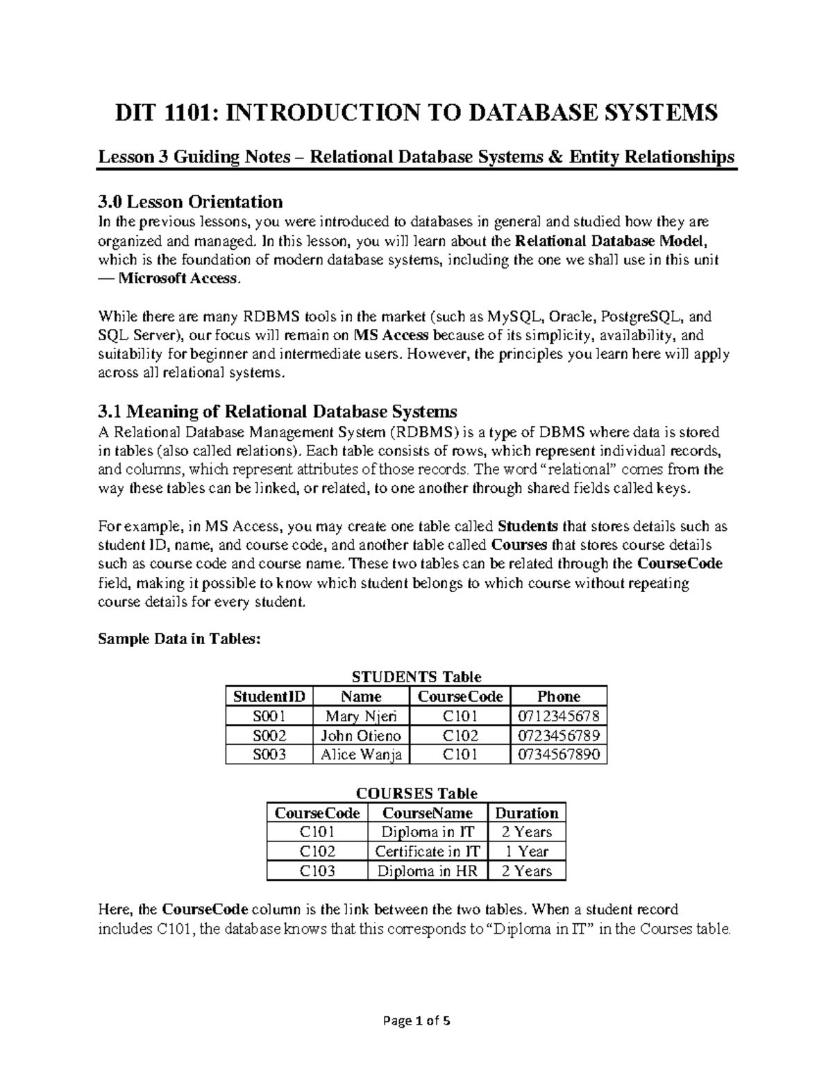 DIT 1101: Lesson 3 Guiding Notes on Relational Database Systems - Studocu