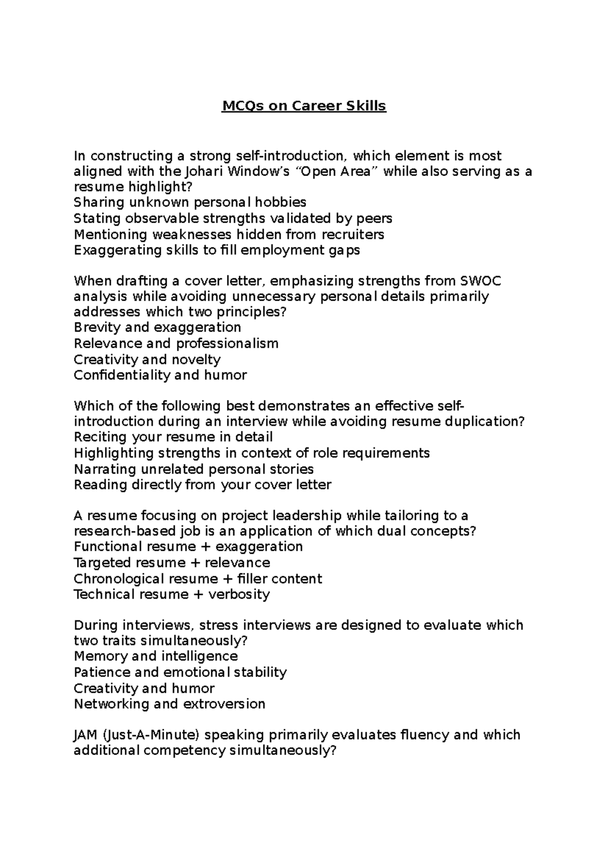 MCQs on Career Skills: Practice Questions for Effective Job ...
