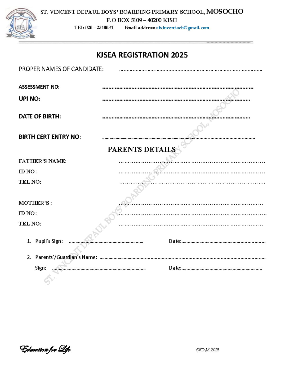 Kjsea Registration FORM. 2025 - Education for Life SVD,M 2025 ST ...