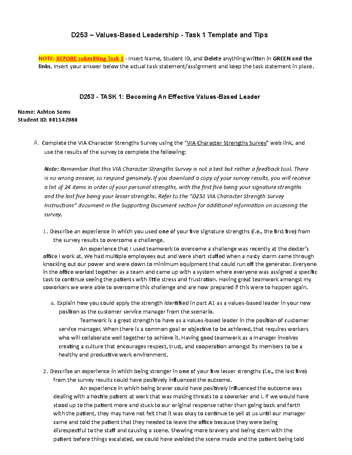 D253 Task 1 - Effective Values-Based Leadership Development Guide - Studocu