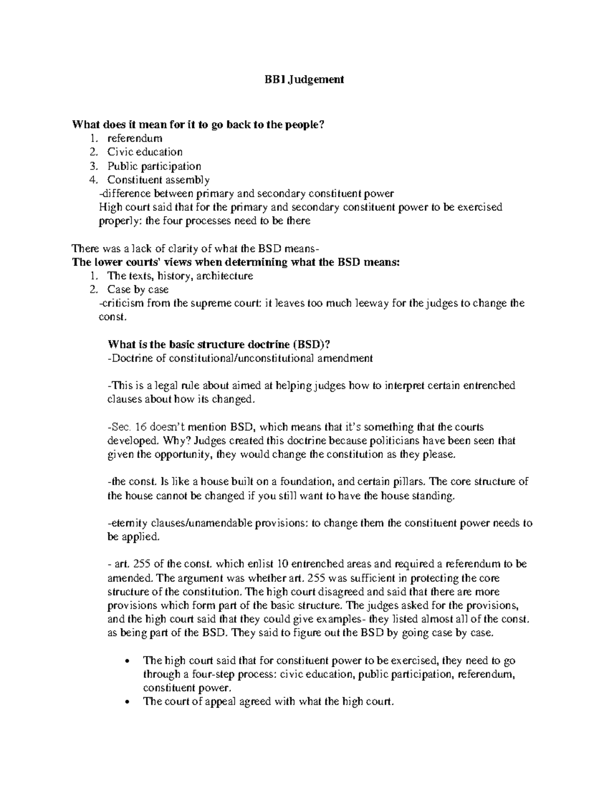 BBI Judgement Notes Summary: Basic Structure Doctrine Analysis - Studocu