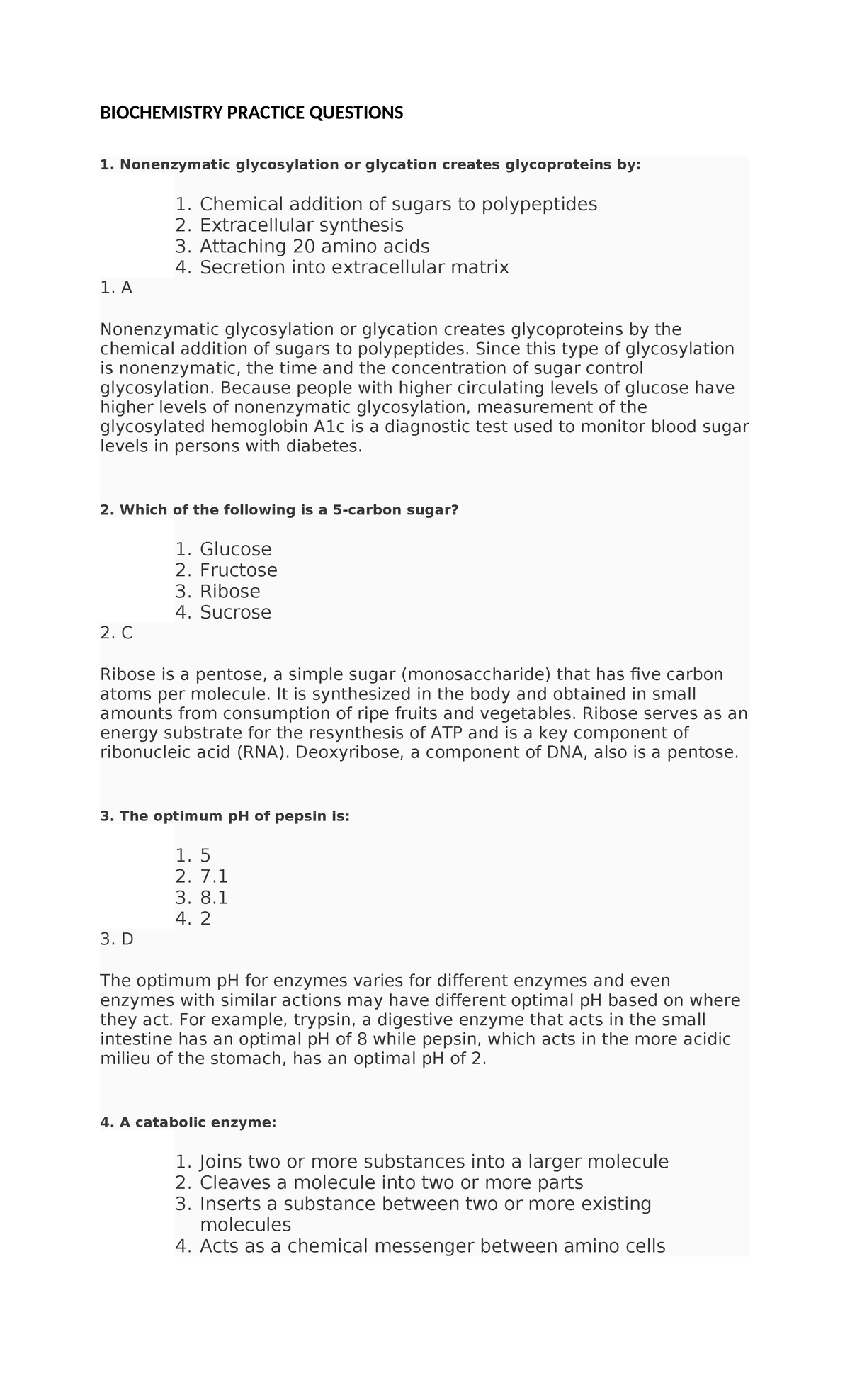 Biochemistry Practice Questions - BIOCHEMISTRY PRACTICE QUESTIONS 1 ...
