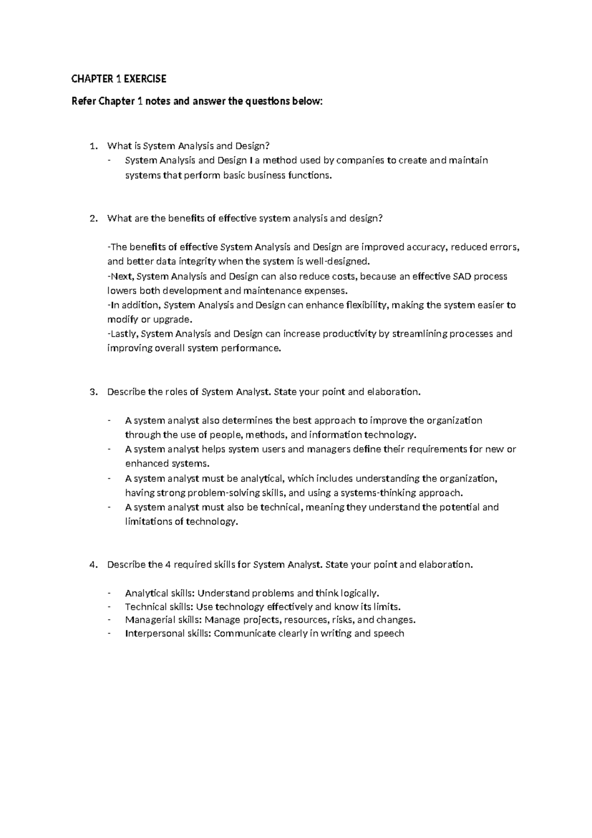 CHAPTER 1 EXERCISE: System Analysis and Design Overview - Studocu