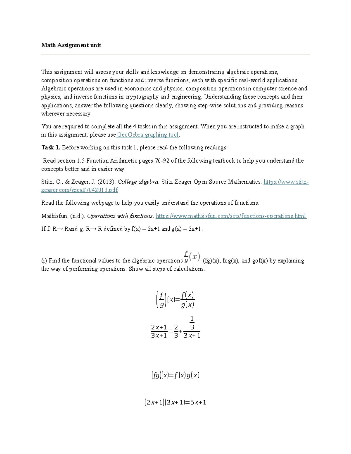 Math Assignment Unit II: Exploring Algebraic & Inverse Functions - Studocu
