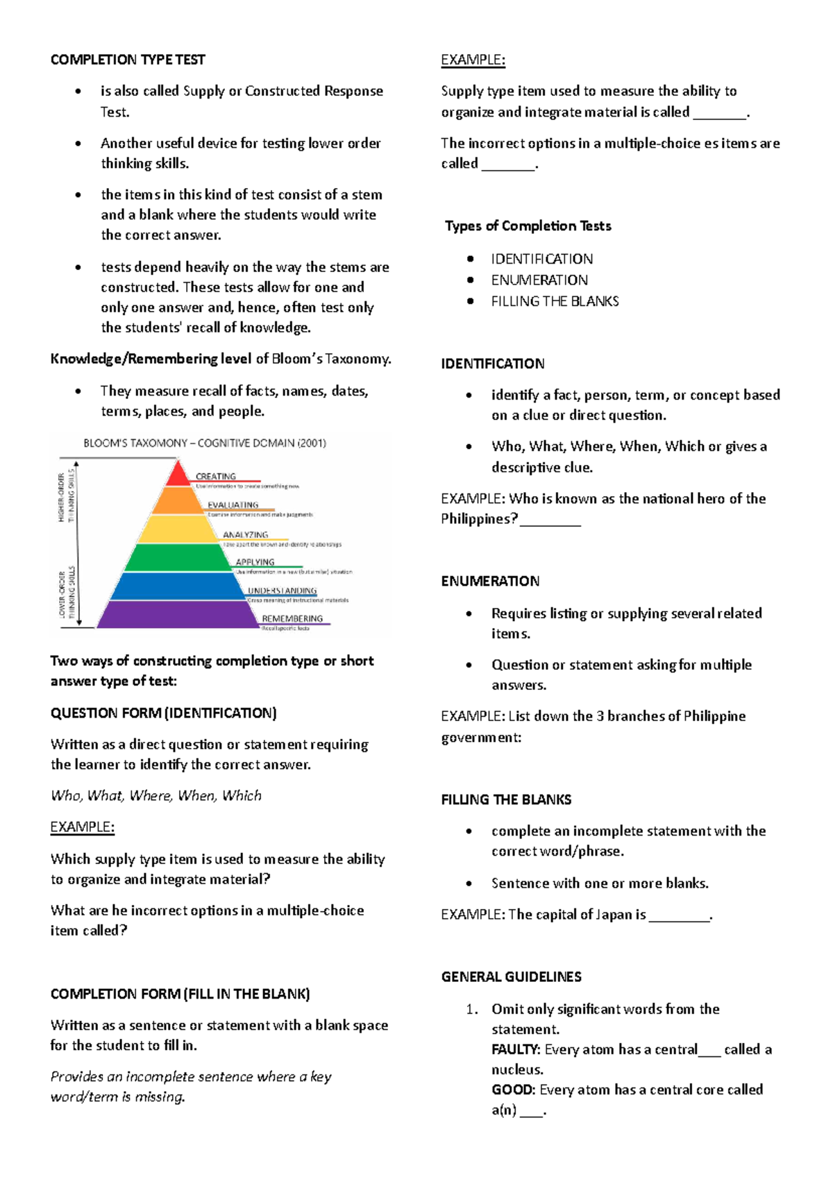 Completion Type Test Outline: Understanding Supply & Constructed ...