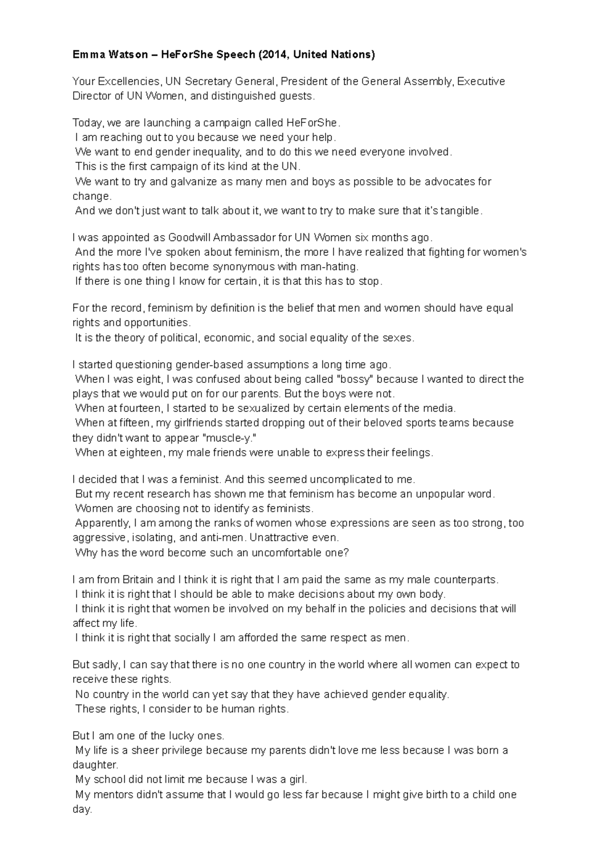 Emma Watson's HeForShe Speech at the UN (2014) - Studocu