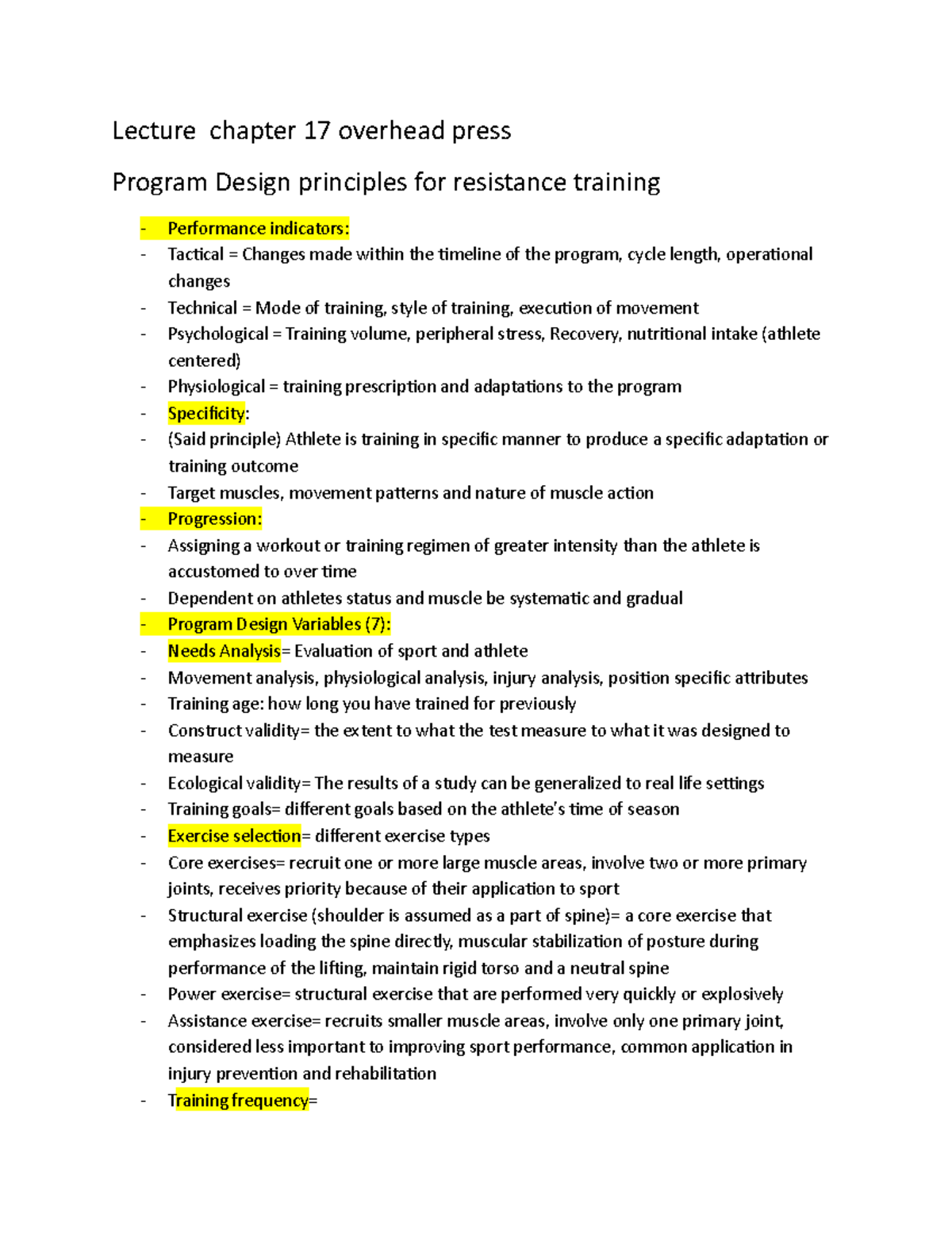 Strength Training Program Design Principles: Lecture Chapter 17 - Studocu