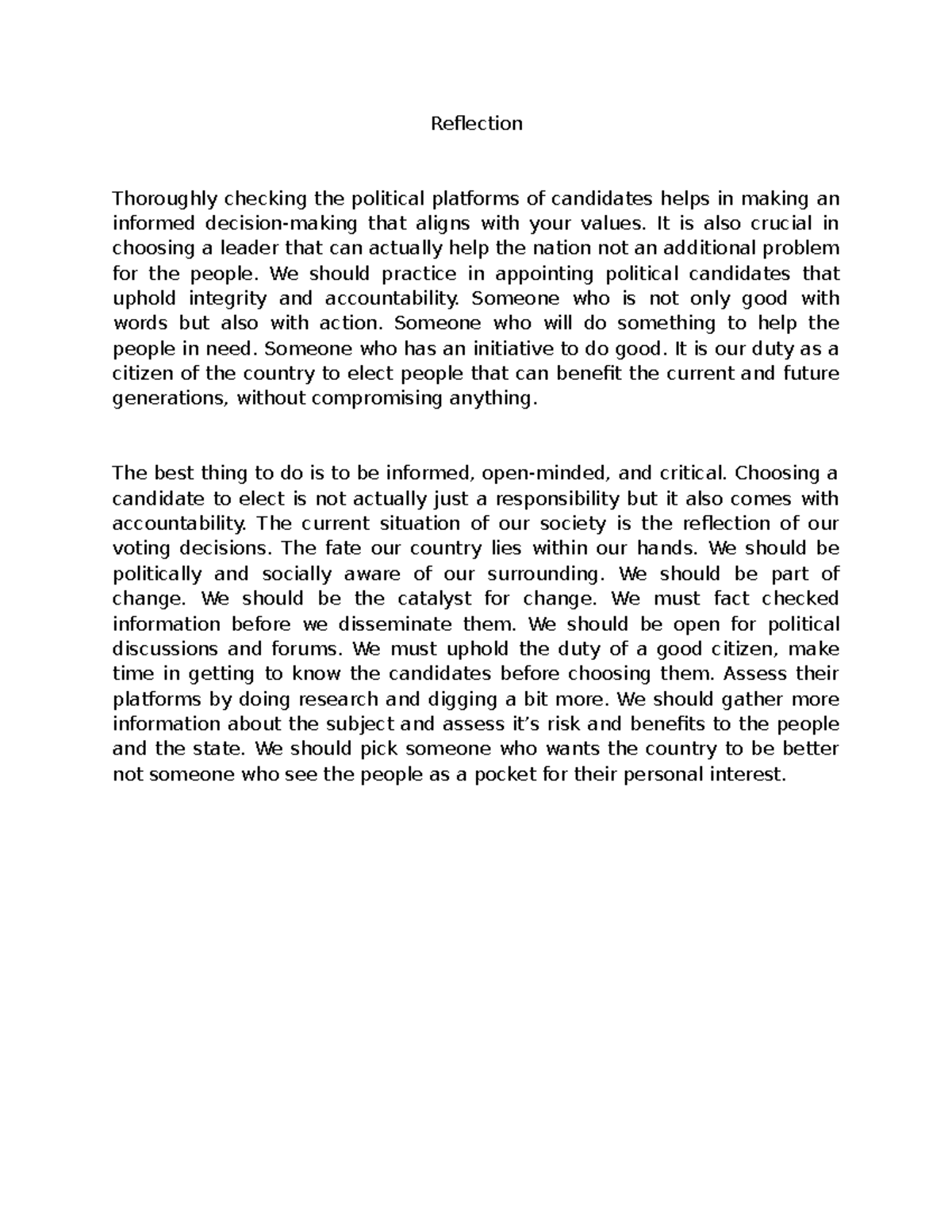 Reflection on political candidate selection and civic responsibility 20 ...