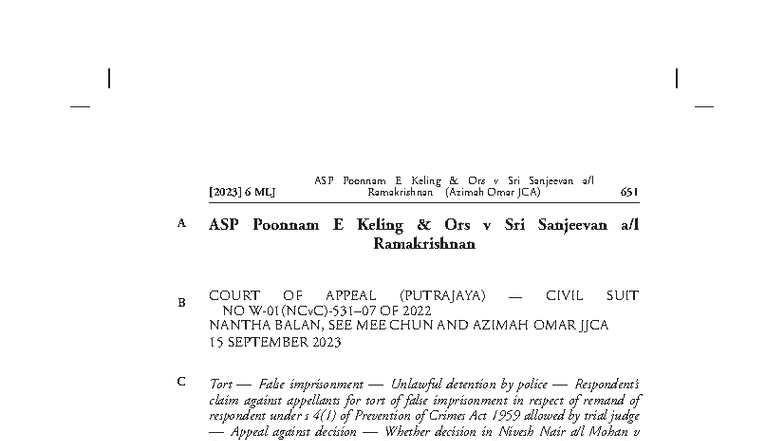 Case Study: ASP Poonnam E Keling & Ors v Sri Sanjeevan a/l Ramakrishnan ...