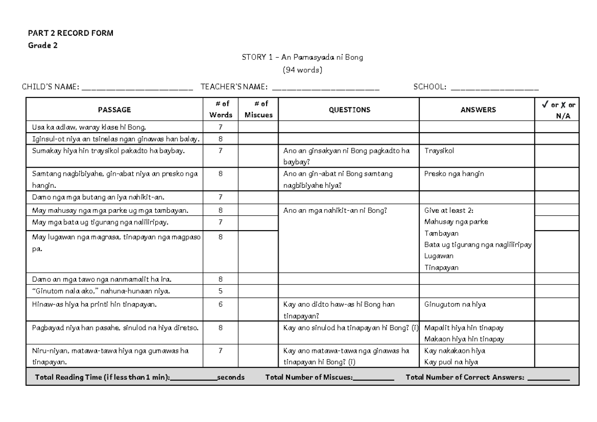 M CRLA Record FORM G2: Reading Assessments for Grade 2 Stories - Studocu