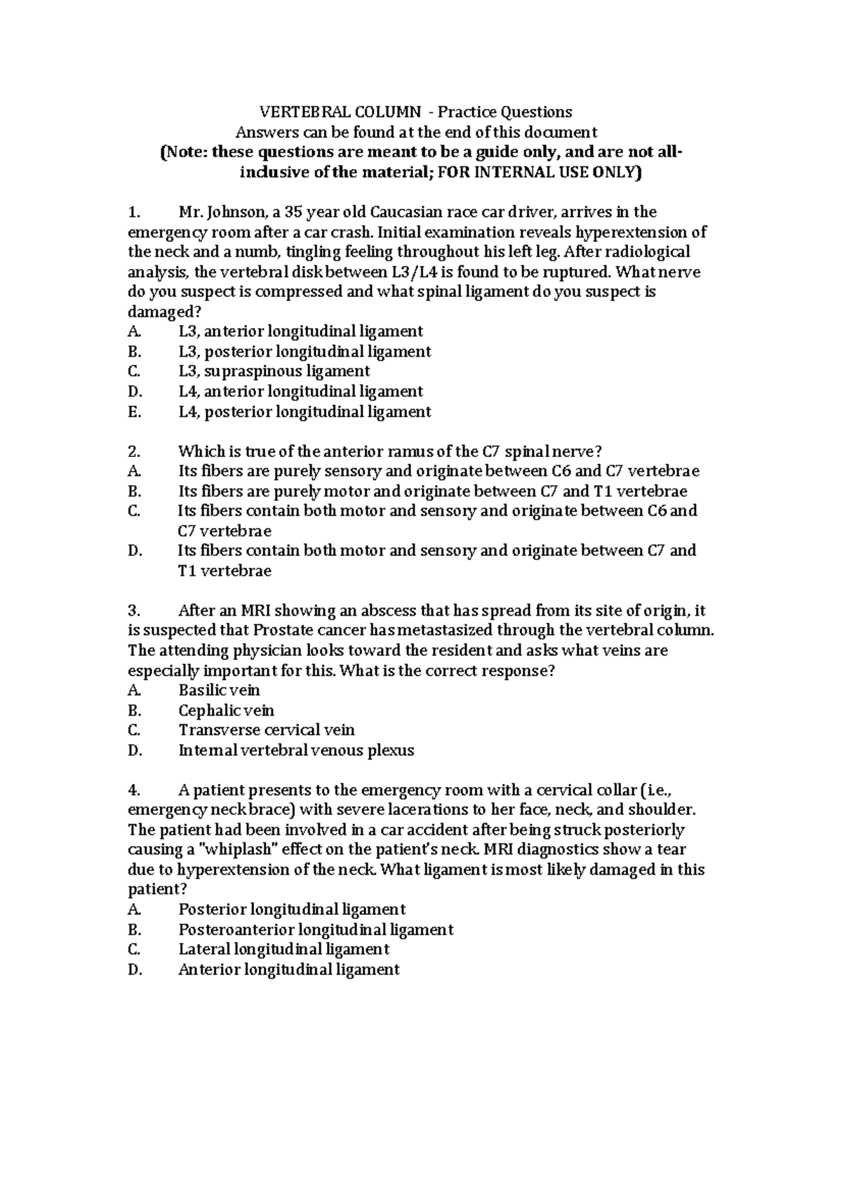 Vertebral Column Practice Questions and Answers for Review - Studocu