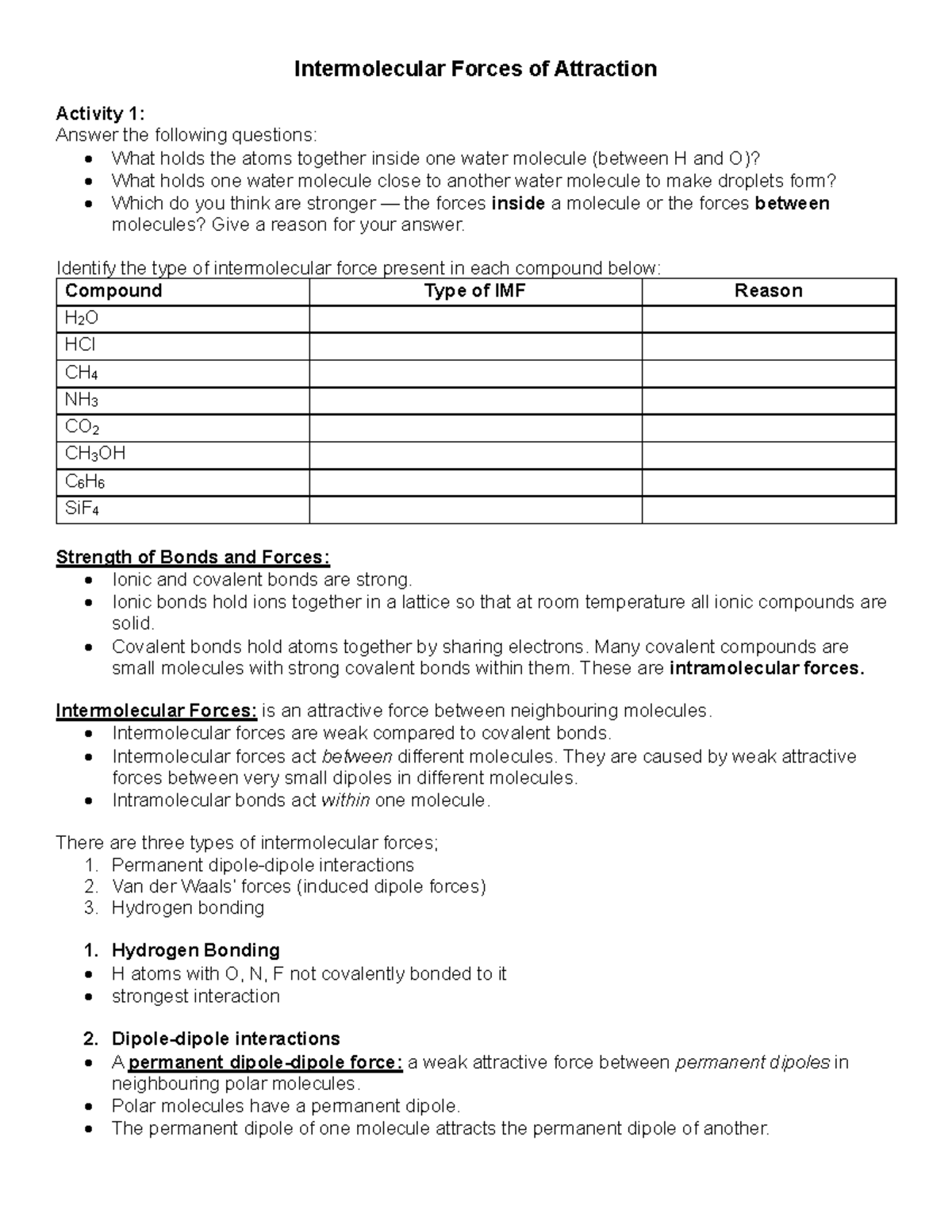 Intermolecular Forces of Attraction: Activity 1 Analysis and Quiz - Studocu
