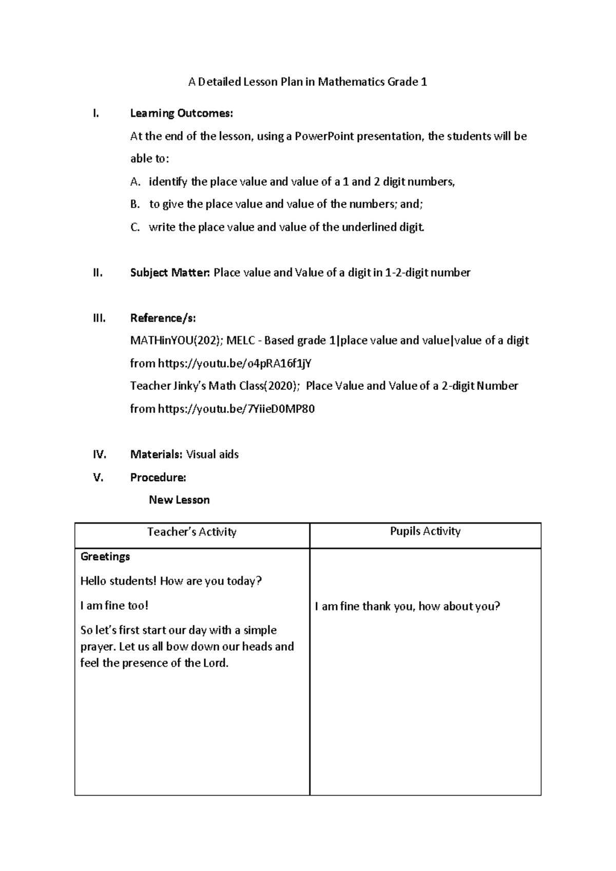 Detailed Lesson Plan on Place Value for Grade 1 Mathematics - Studocu