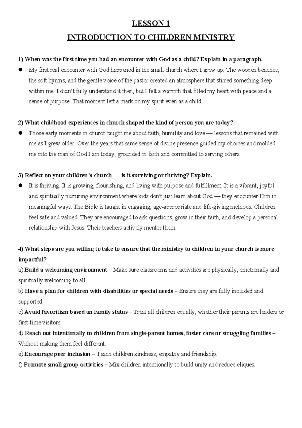 Assignment: Introduction to Children Ministry (Lesson 1) - Studocu