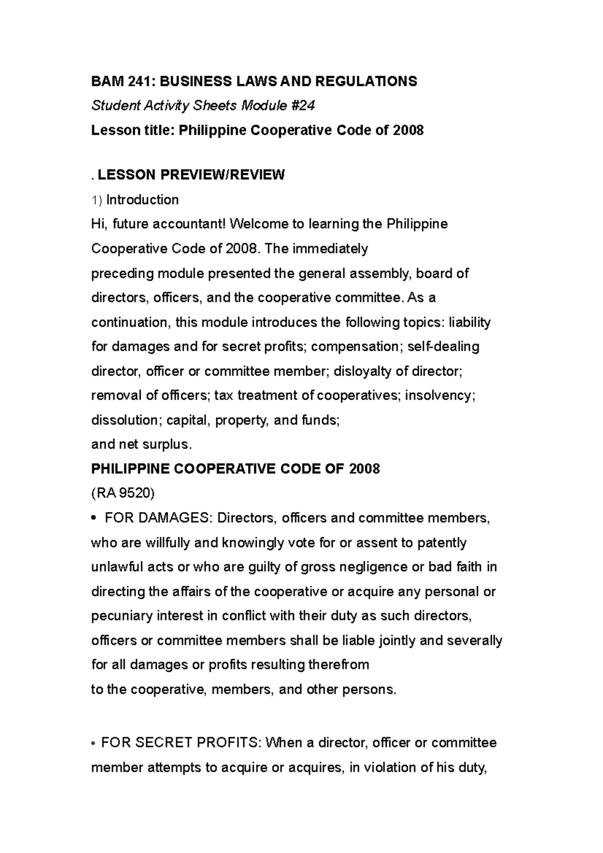 BAM 241 Lesson 24: Overview of the Philippine Cooperative Code - Studocu