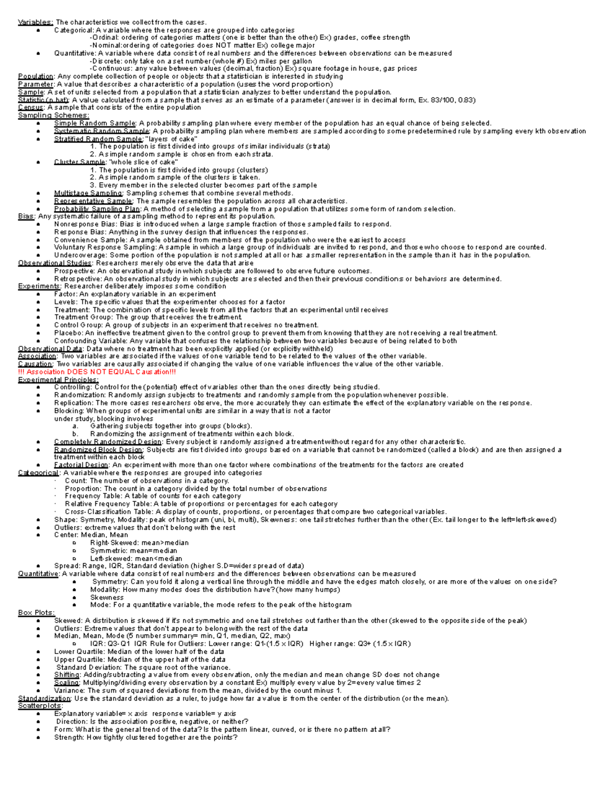 Stat Exam #1 Cheat Sheet: Key Concepts and Definitions - Studocu