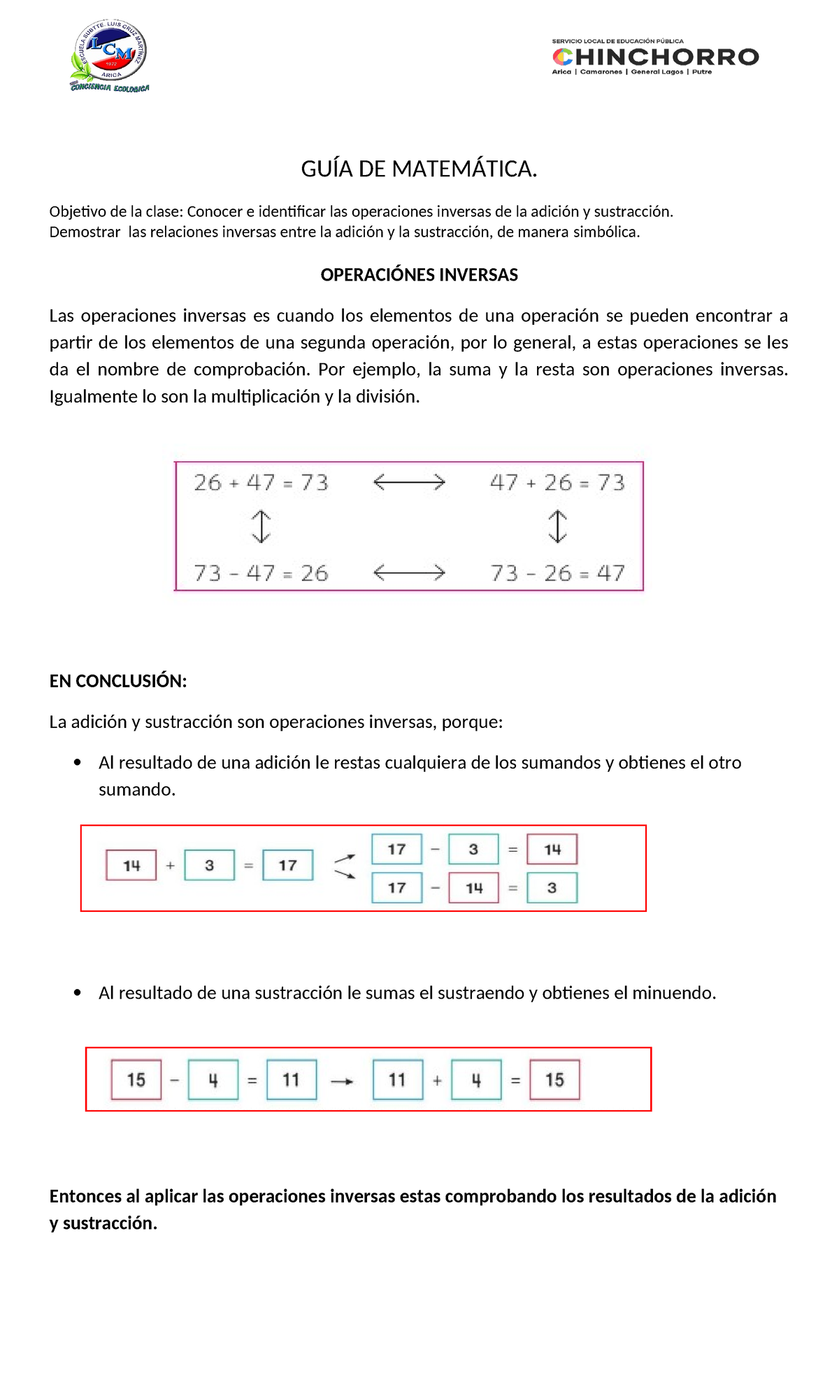 GUÍA DE MATEMÁTICA: Operaciones Inversas - Adición y Sustracción - Studocu