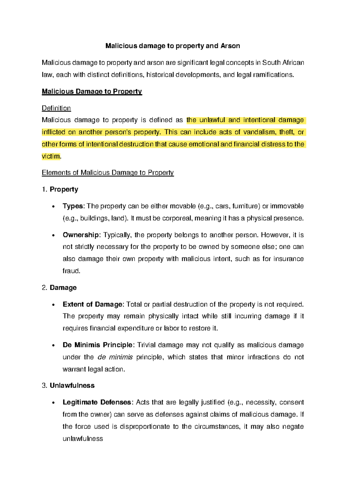 Malicious Damage to Property and Arson: Legal Insights in SA Law - Studocu